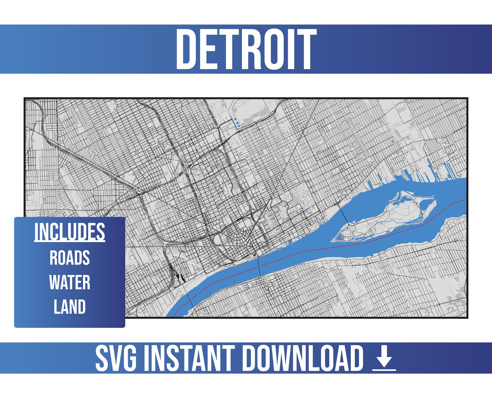 Detroit SVG Vector Street Map | Detroit, Michigan, United States | Full ...