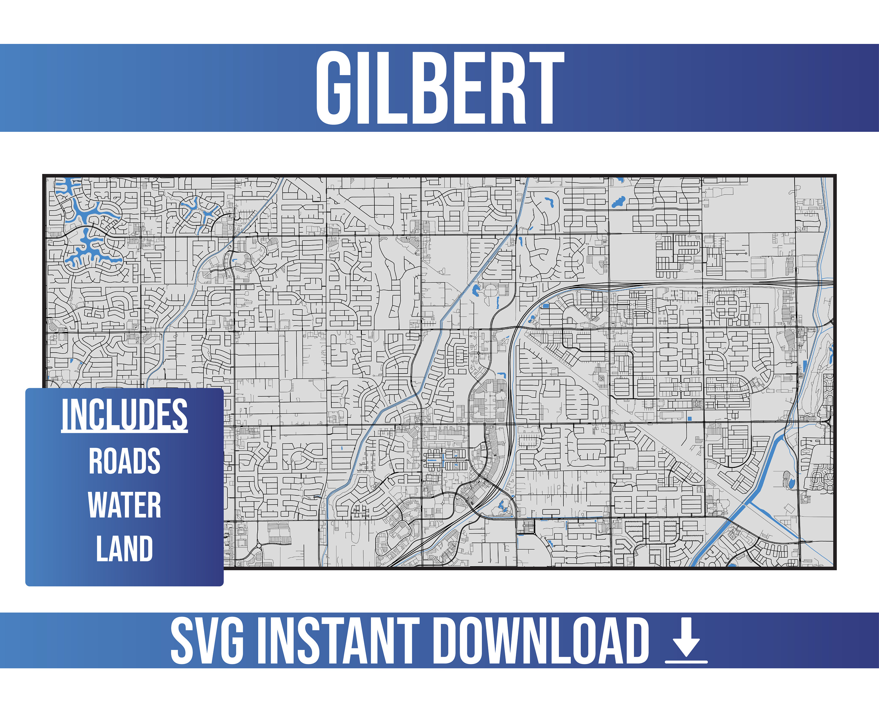 Gilbert SVG Vector Street Map | Gilbert, Arizona, United States | Full ...