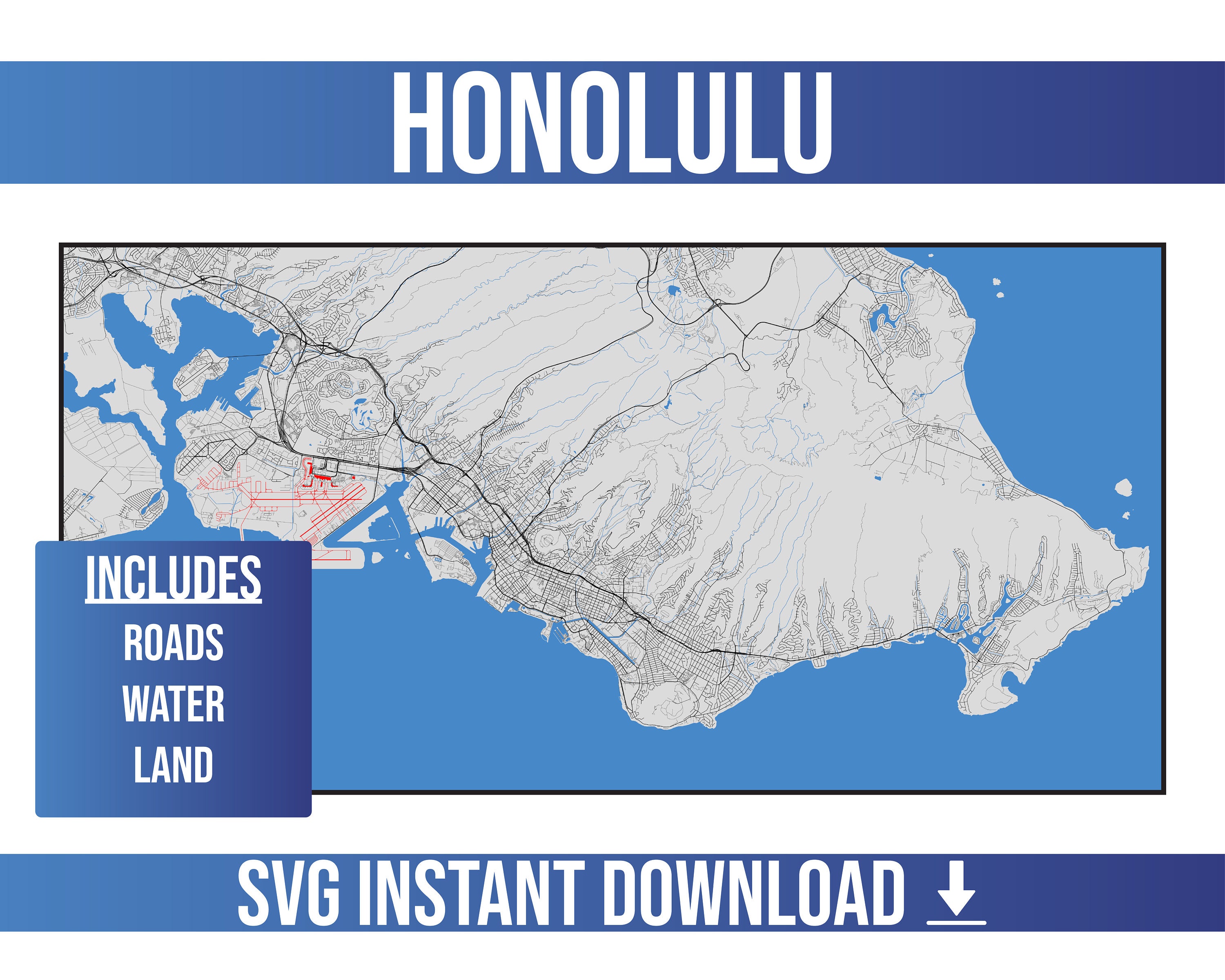 Honolulu SVG Vector Street Map | Honolulu, Hawaii, United States | Full ...