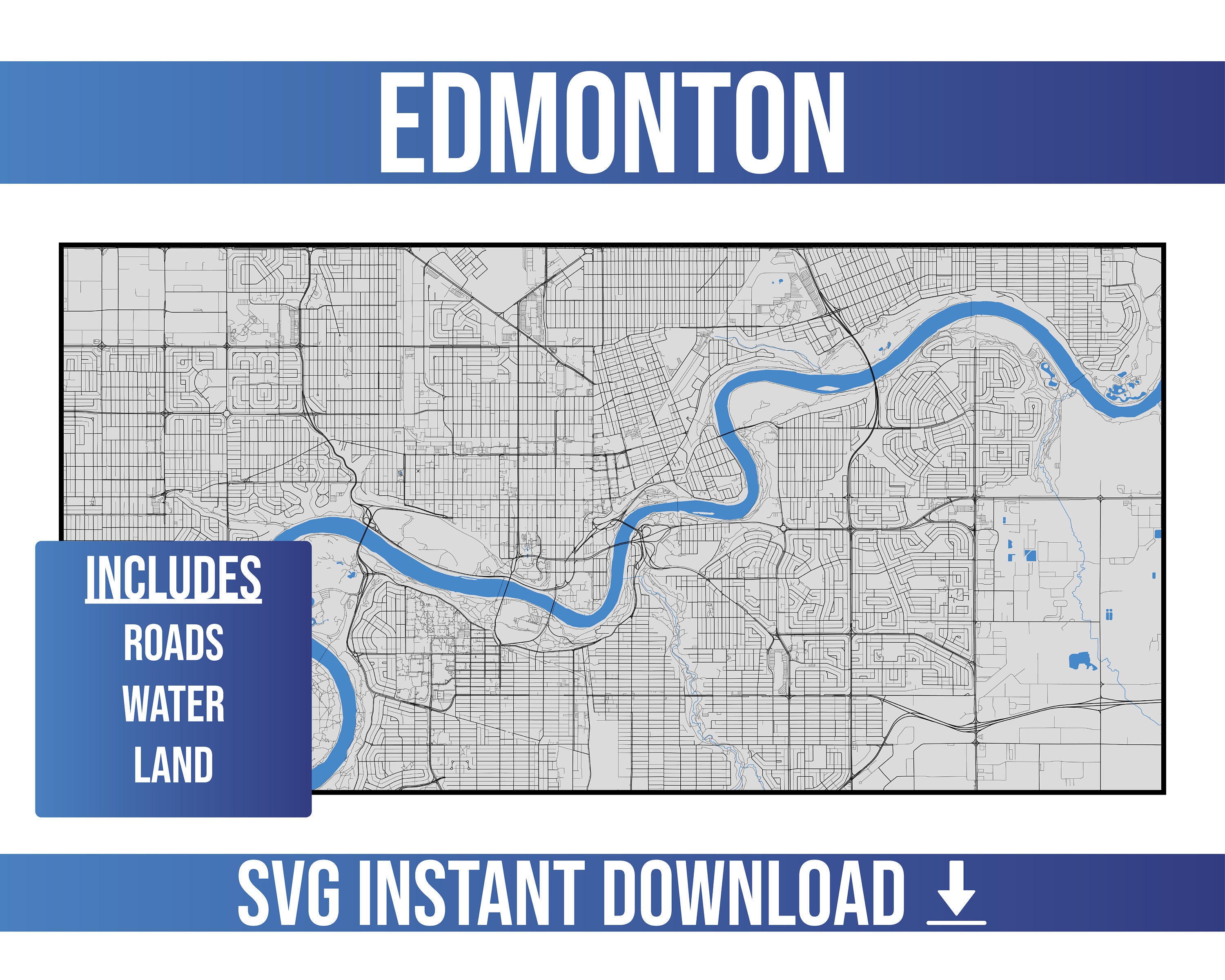 Edmonton SVG Vector Street Map | Edmonton, Alberta, Canada | Full ...