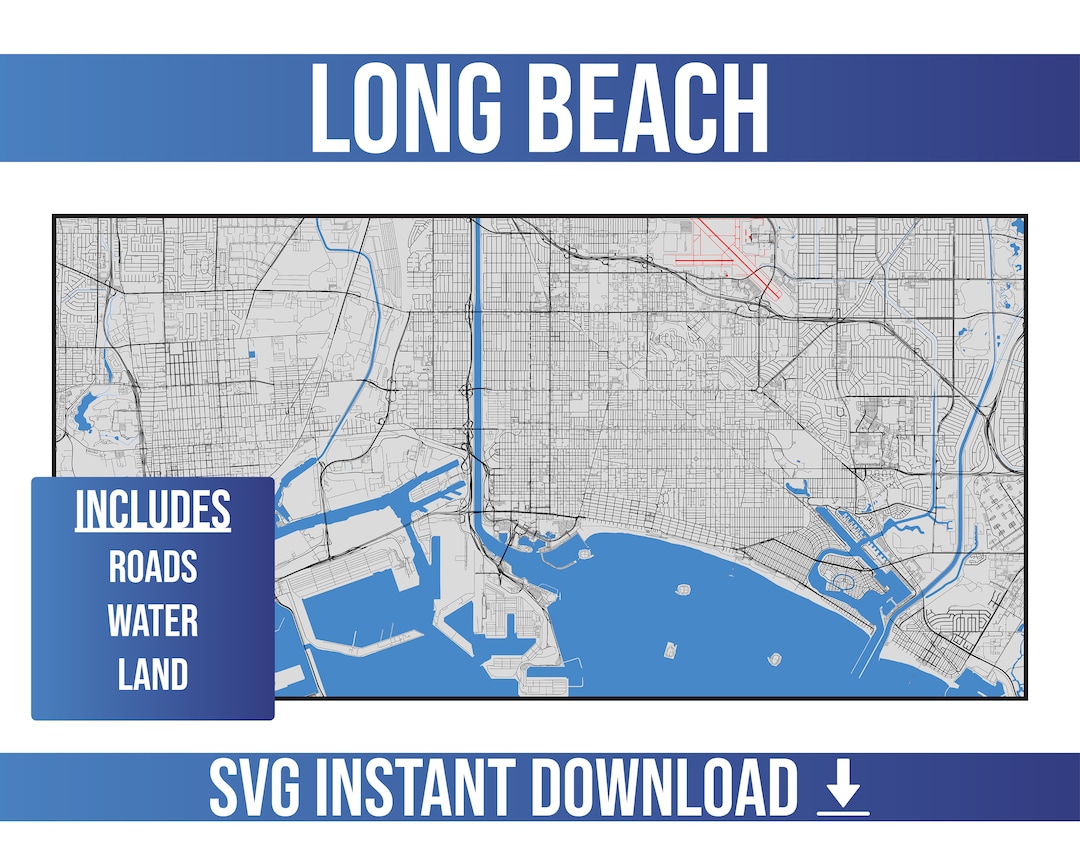 Long Beach SVG Vector Street Map | Long Beach, California, United ...