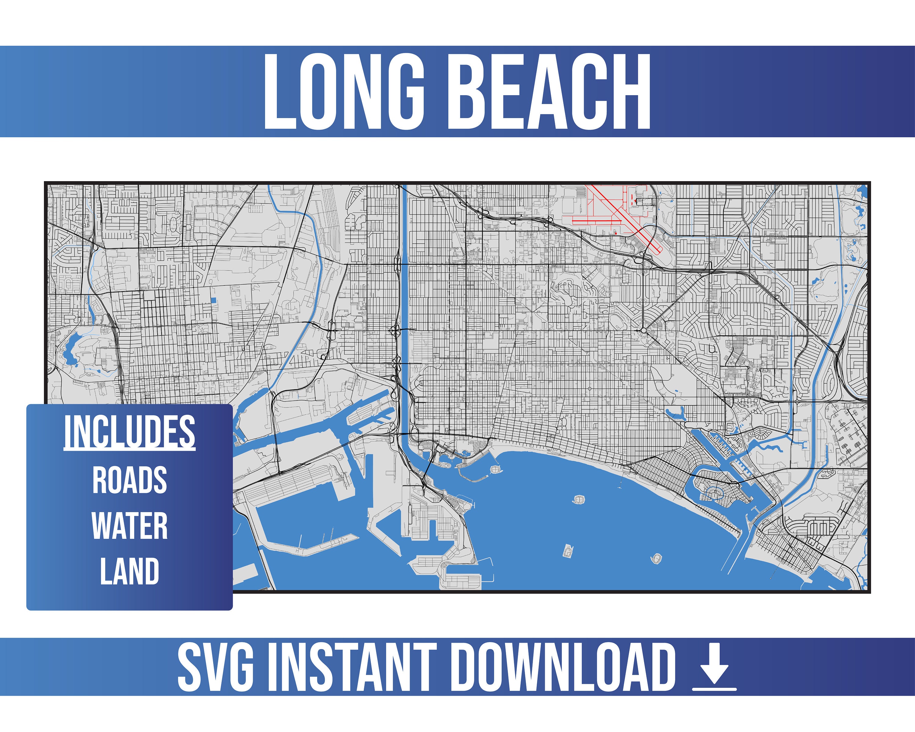 Long Beach SVG Vector Street Map | Long Beach, California, United ...