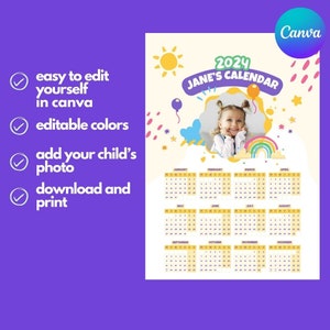 Custom Children's Calendar 2024 Template in Canva, Preschool Printable ...