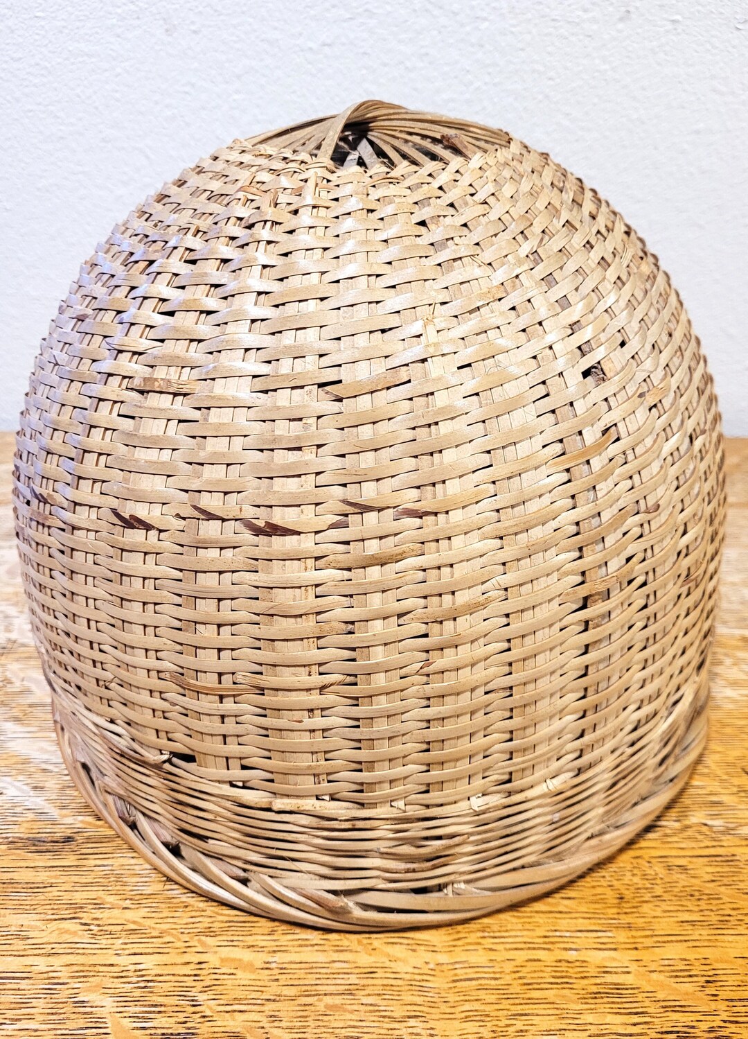 Vintage Natural Wicker Dome Lamp Shade / Attached Harp Split Rattan ...