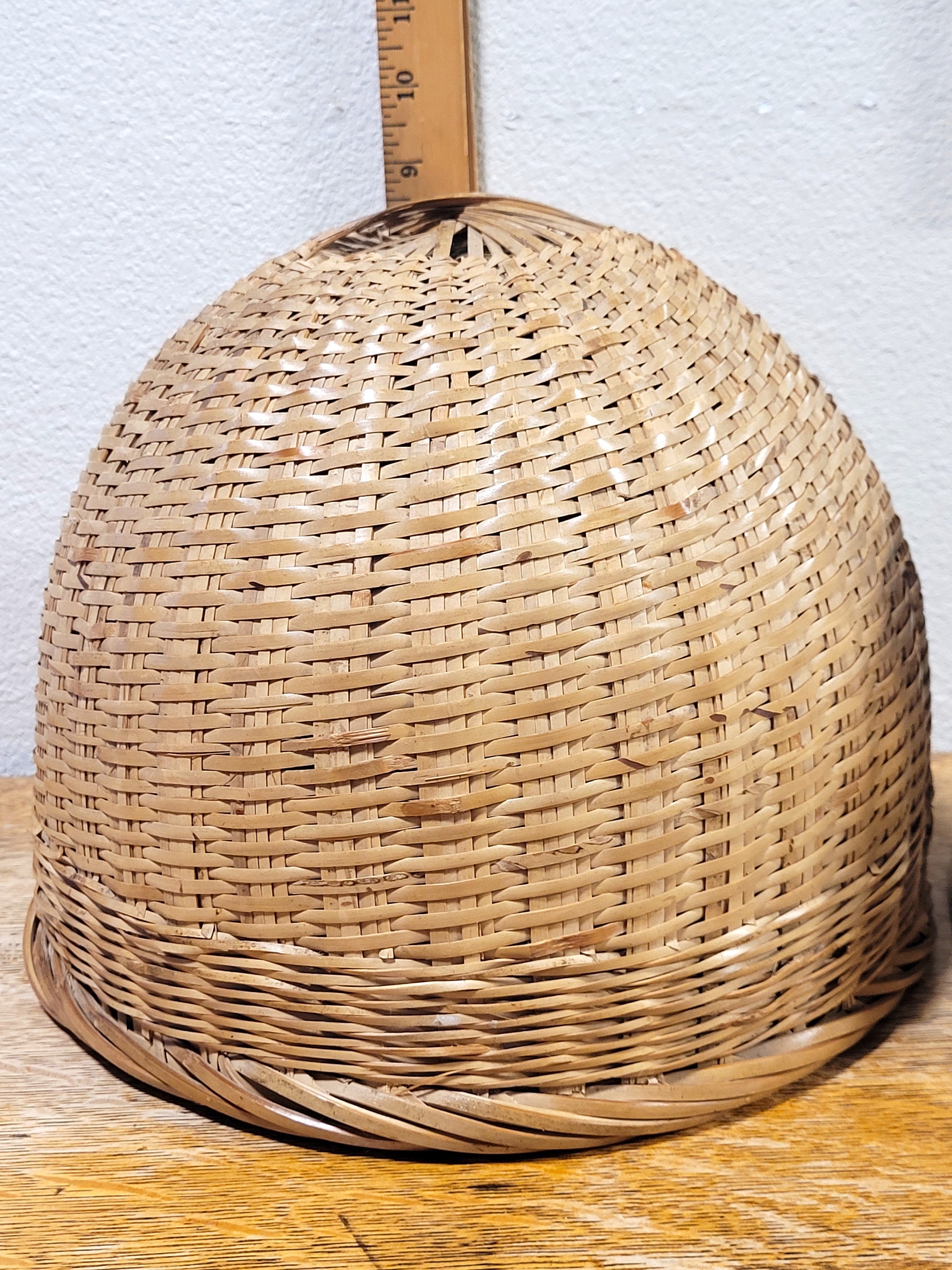 Vintage Natural Wicker Dome Lamp Shade / Attached Harp Split Rattan ...