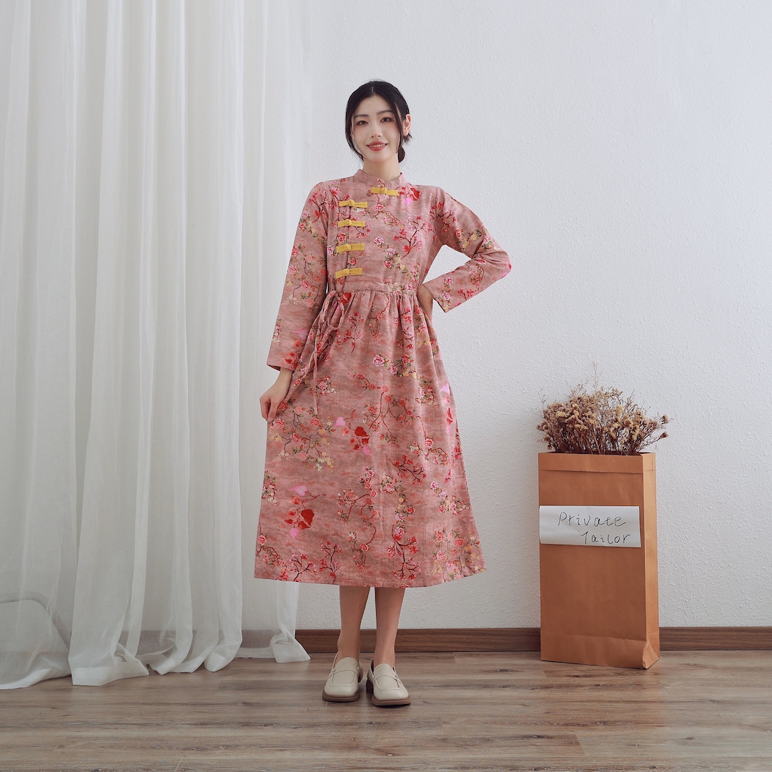 Spring Cotton Dress Drawstring Dress Long Sleeves Buttons Dress Floral ...