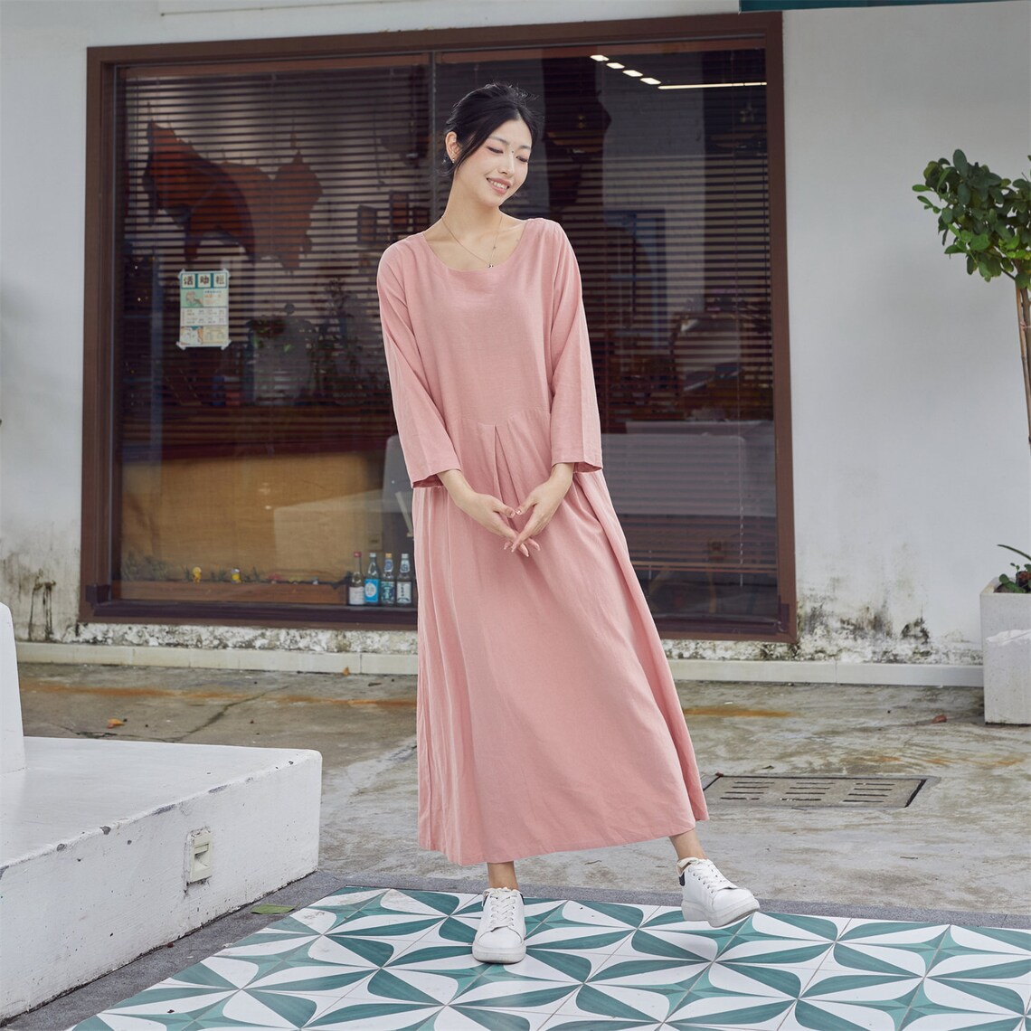 Women Cotton Dress Soft Casual Loose Robes Long Sleeves Shift Dress ...