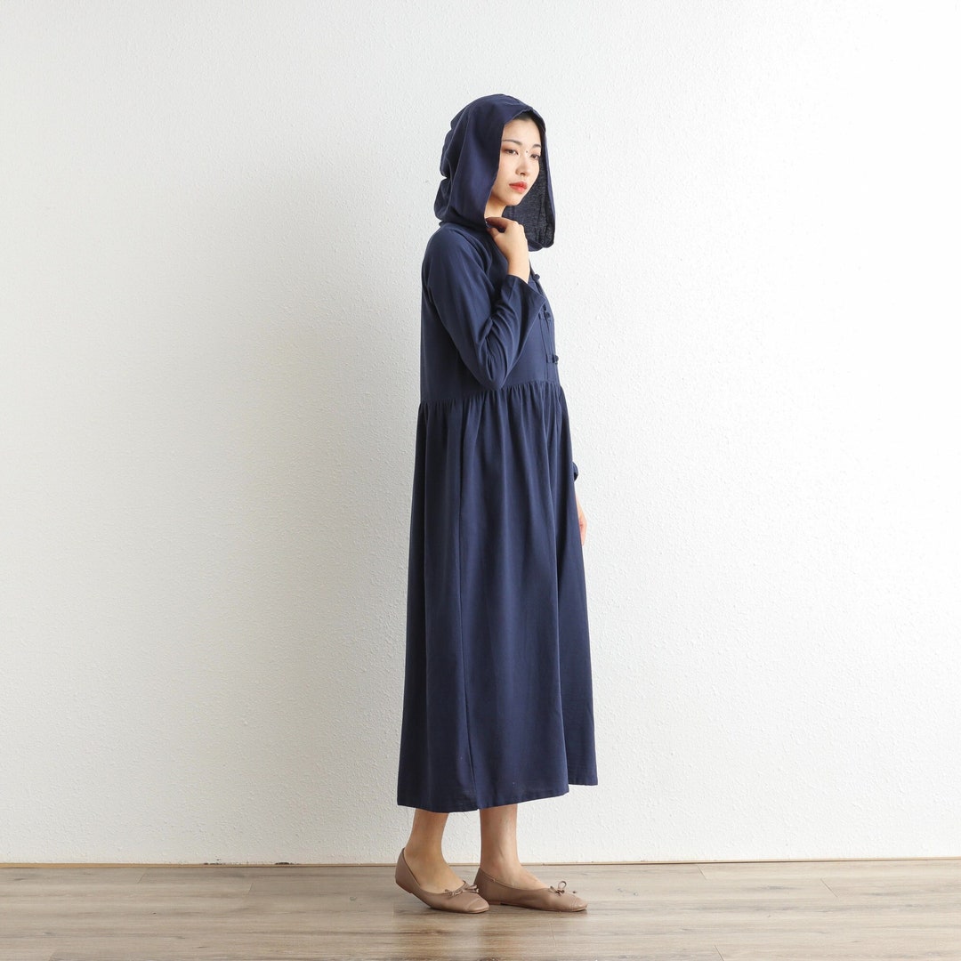 Cotton Hooded Dress Casual Loose Robes Long Sleeves Shift - Etsy