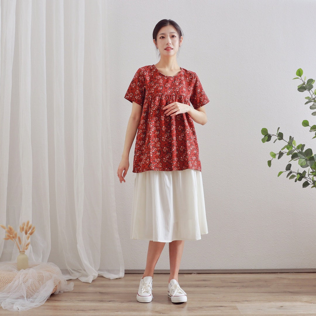 Printed Summer Cotton Tops Short Sleeves Blouse Floral Casual Loose ...