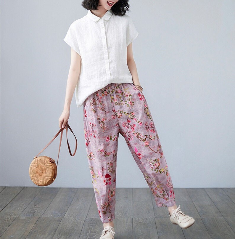 Floral Printed Elastic Waist Cotton Pants Soft Casual Loose - Etsy