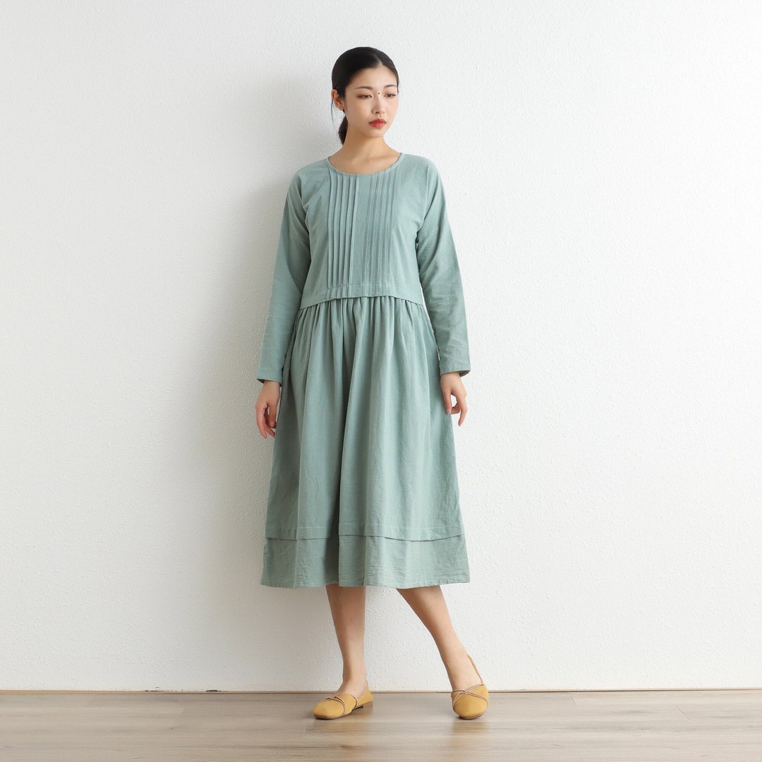 Women Long Sleeves Cotton Dress Soft Casual Loose Tunics Shirt Robes ...