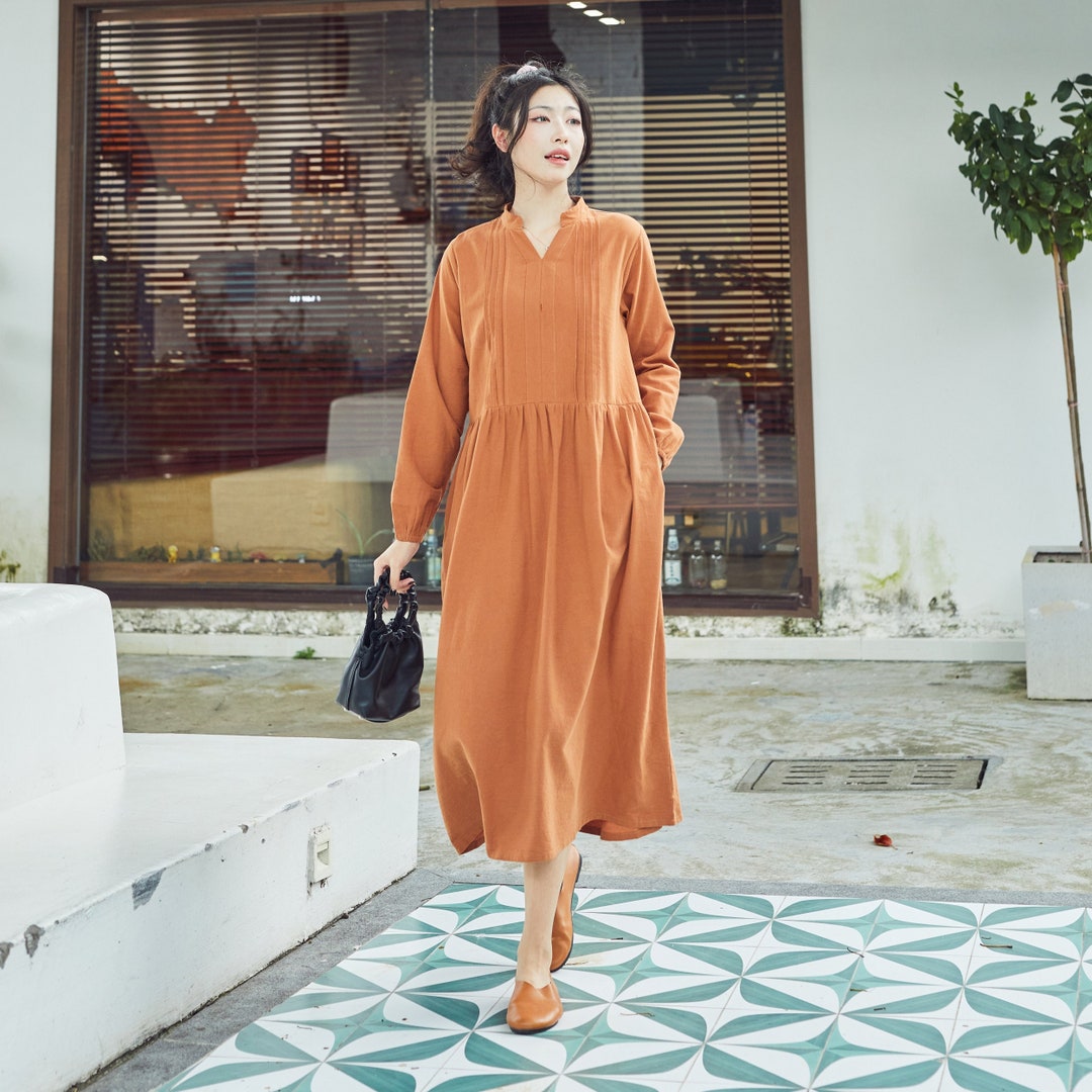 Women Long Sleeves Cotton Dress Soft Casual Loose Tunics Shirt V-neck ...