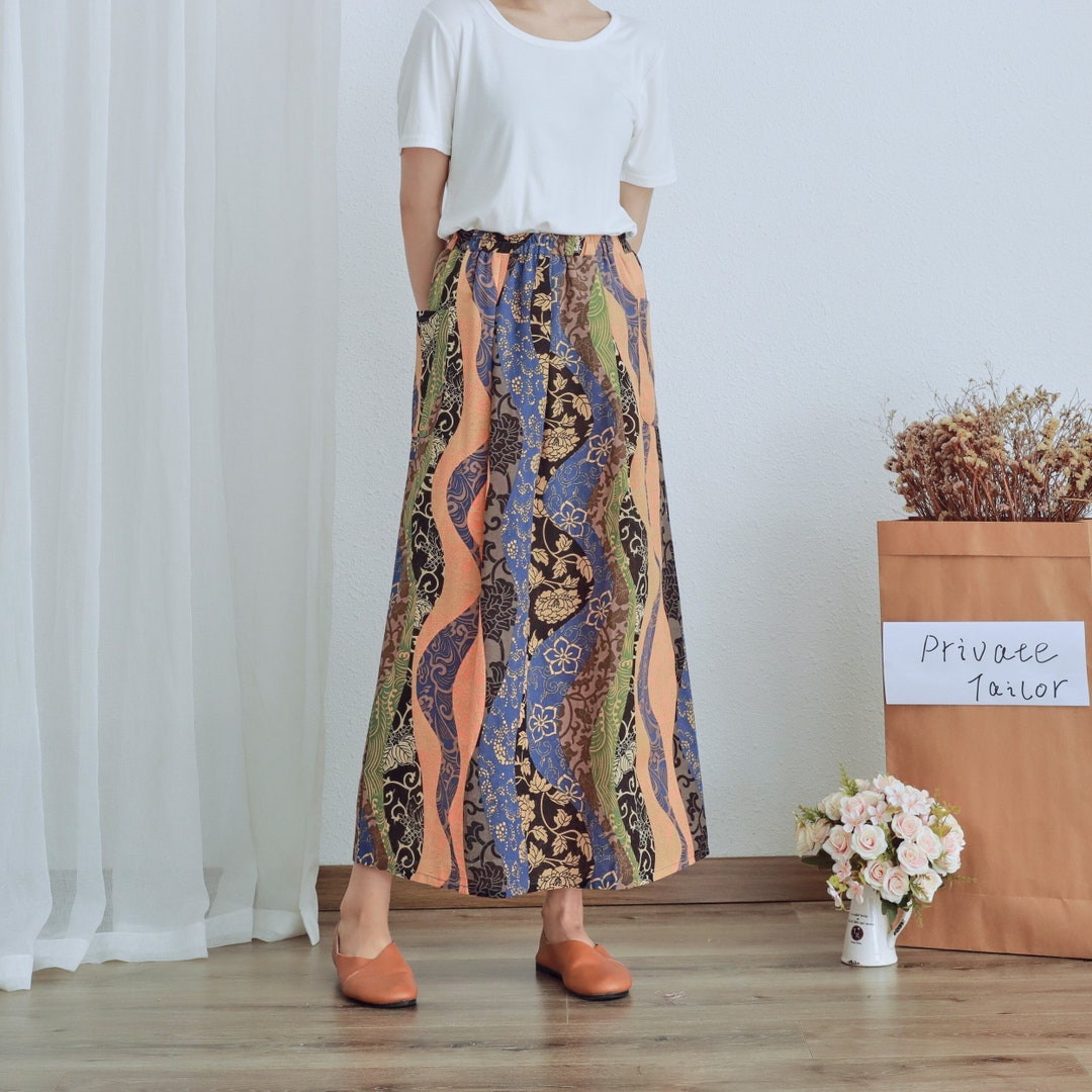 Printed Summer Cotton Skirts A-line Pleated Elastic Waist Skirt Flared ...