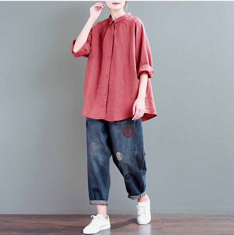 New Spring Cotton Tops Long Sleeve Shirt Dresses Buttons | Etsy