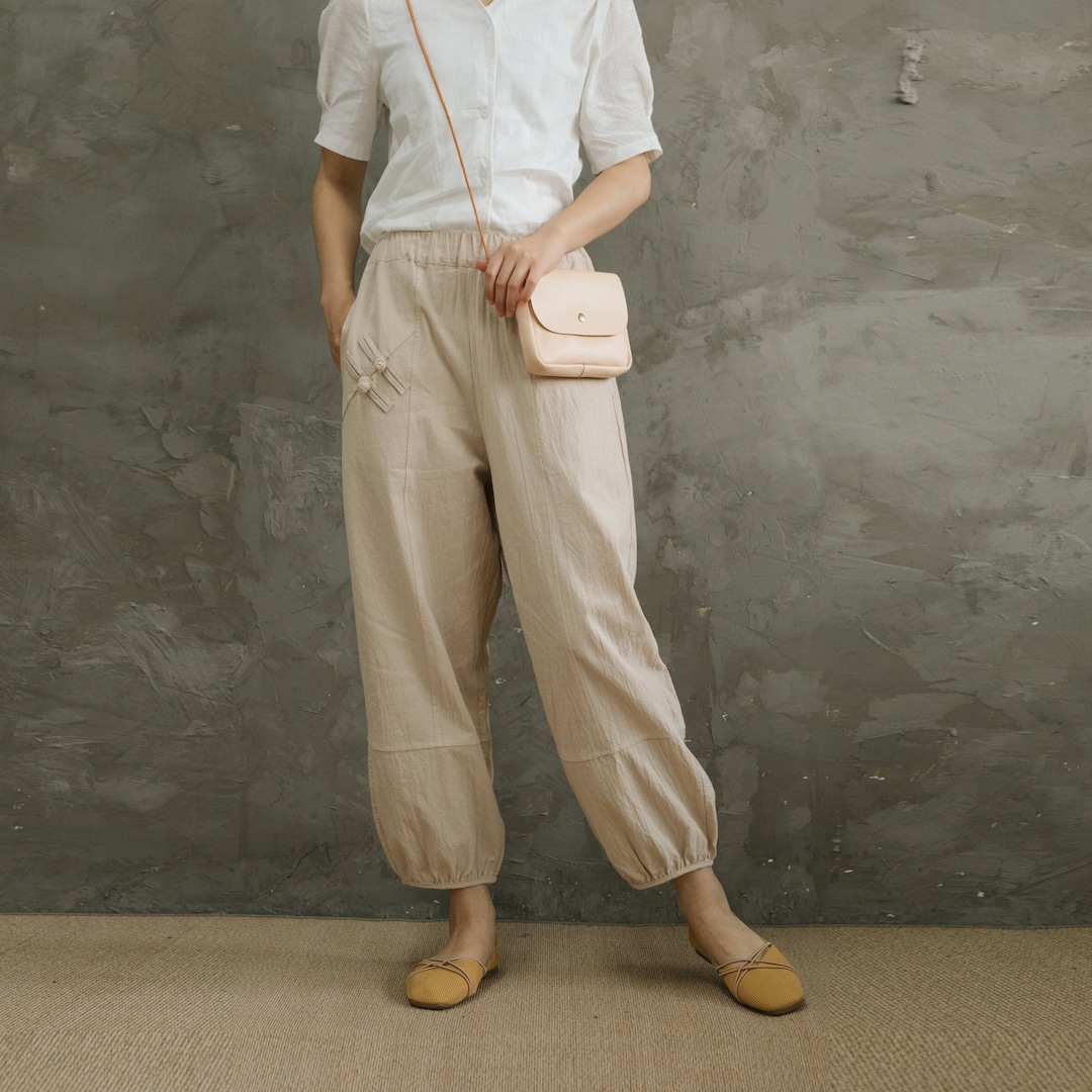 Summer Elastic Waist Cotton Pants Soft Casual Loose Trousers Wide Leg ...