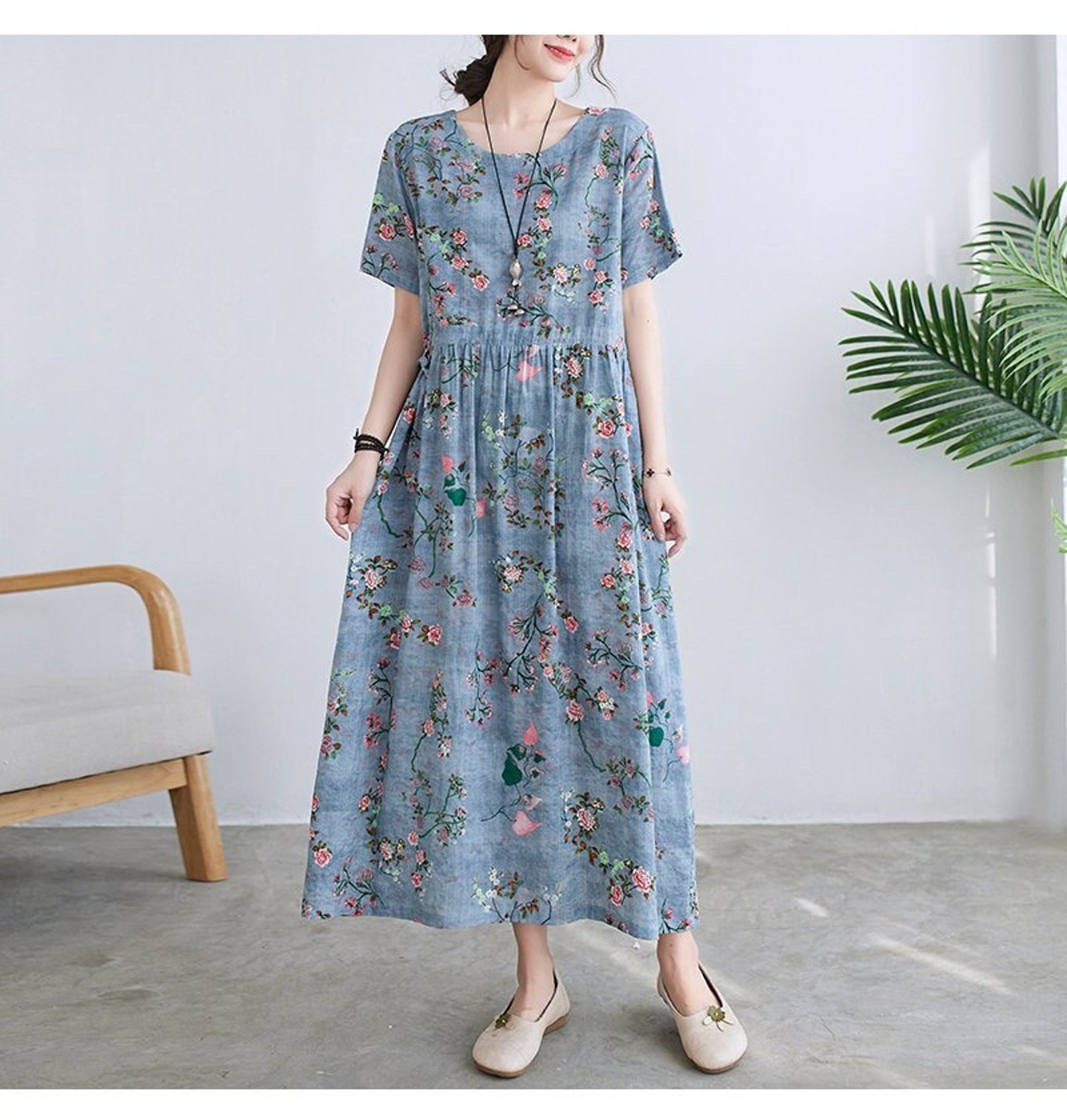 Summer Printed Cotton Dress Floral Casual Loose Robes Short - Etsy