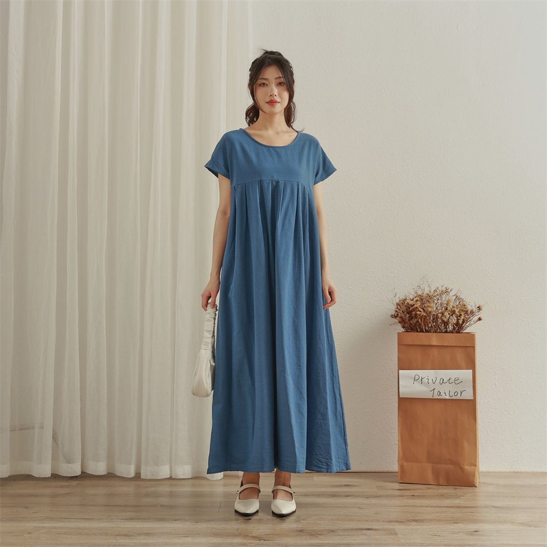 Summer Cotton Dress Soft Casual Loose Tunics Buttons Short Sleeves ...
