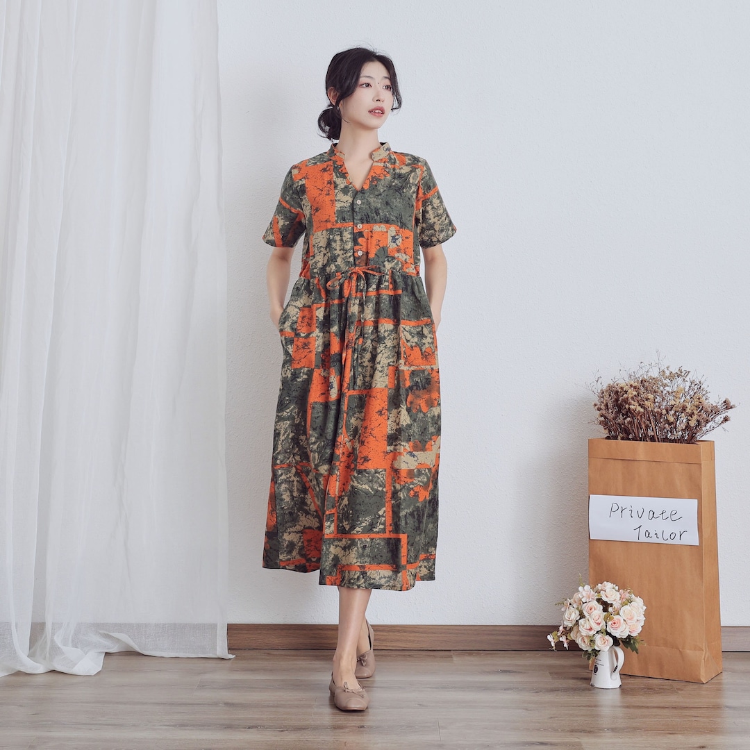 Summer Printed Cotton Dress Floral Casual Loose Robes Short Sleeves ...