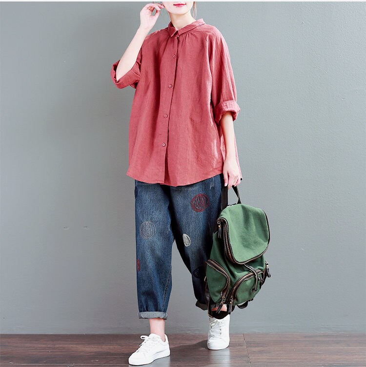 New Spring Cotton Tops Long Sleeve Shirt Dresses Buttons | Etsy