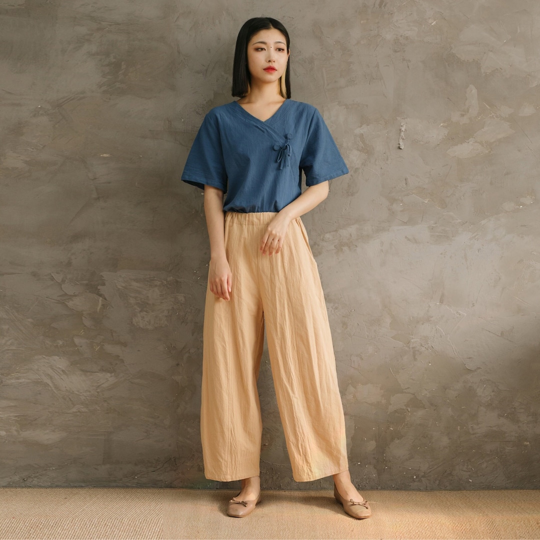 Summer Elastic Waist Cotton Pants Soft Casual Loose Trousers Wide Leg ...