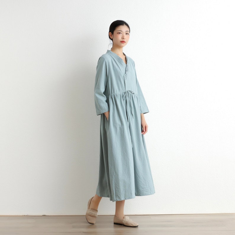 Women Cotton Dress Shirt Casual Loose Robes 3/4 Sleeves Shift Dress ...