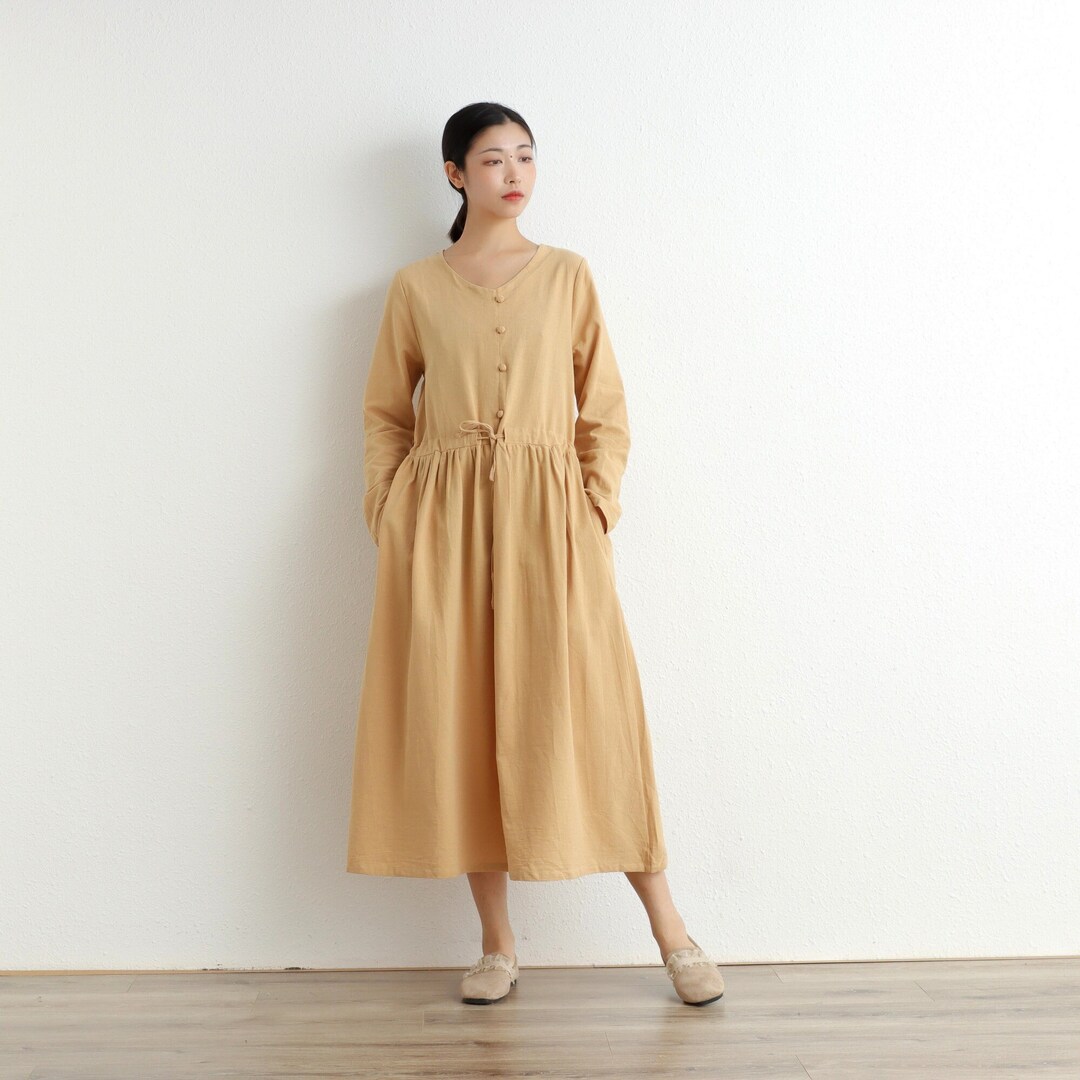 Women Cotton Shirt Dress V-neck Long Sleeves Dress Soft Casual Loose ...