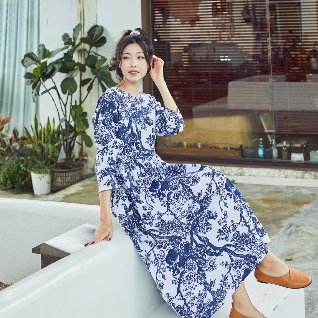 Women Printed Cotton Dress Soft Casual Loose Robes Long Sleeves Shift ...