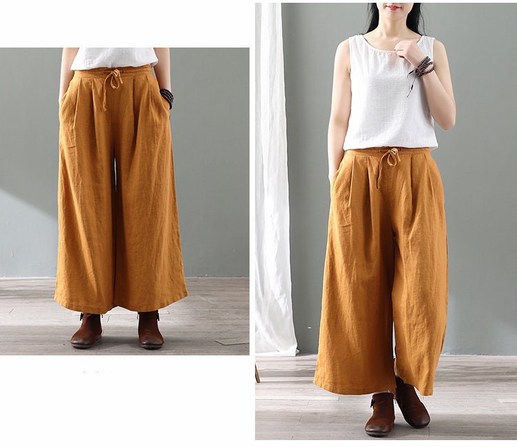 Summer Elastic Waist Cotton Pants Soft Casual Loose Trousers Wide Leg ...
