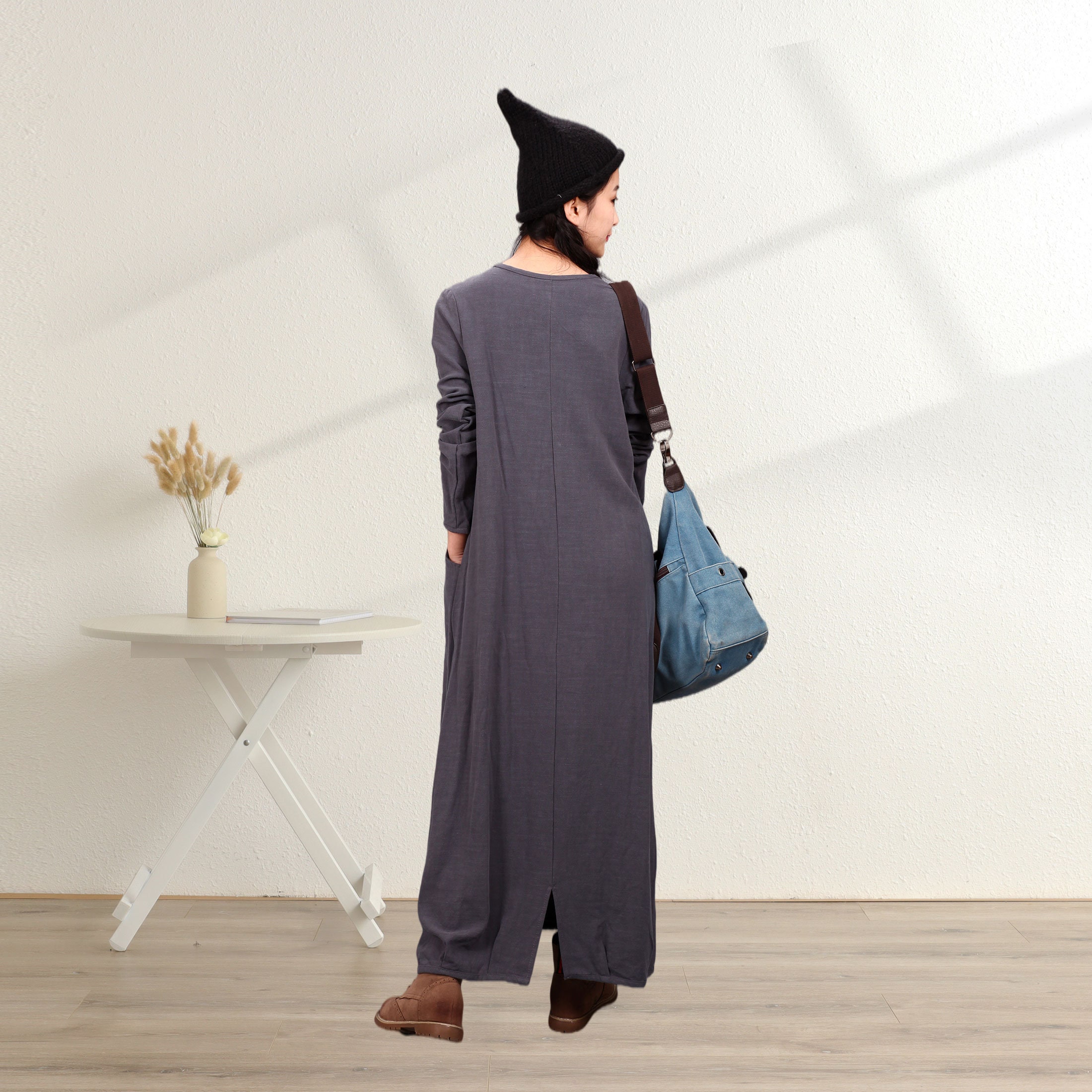 Women Cotton Dress Soft Casual Loose Robes Long Sleeves Shift Dress ...