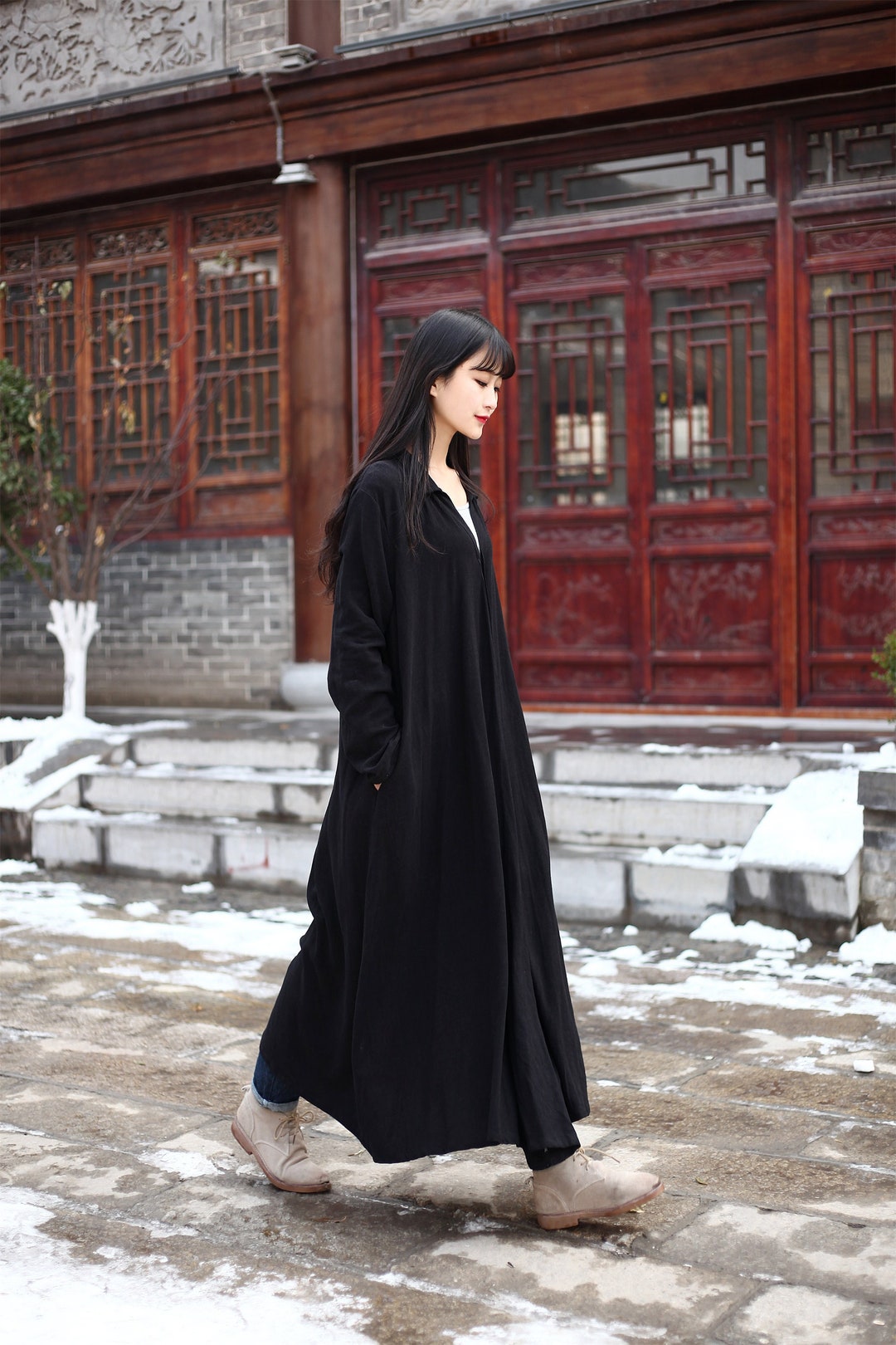 Women Cotton Dress Cardigan Casual Loose Dress Coat Tunics Long Sleeves ...
