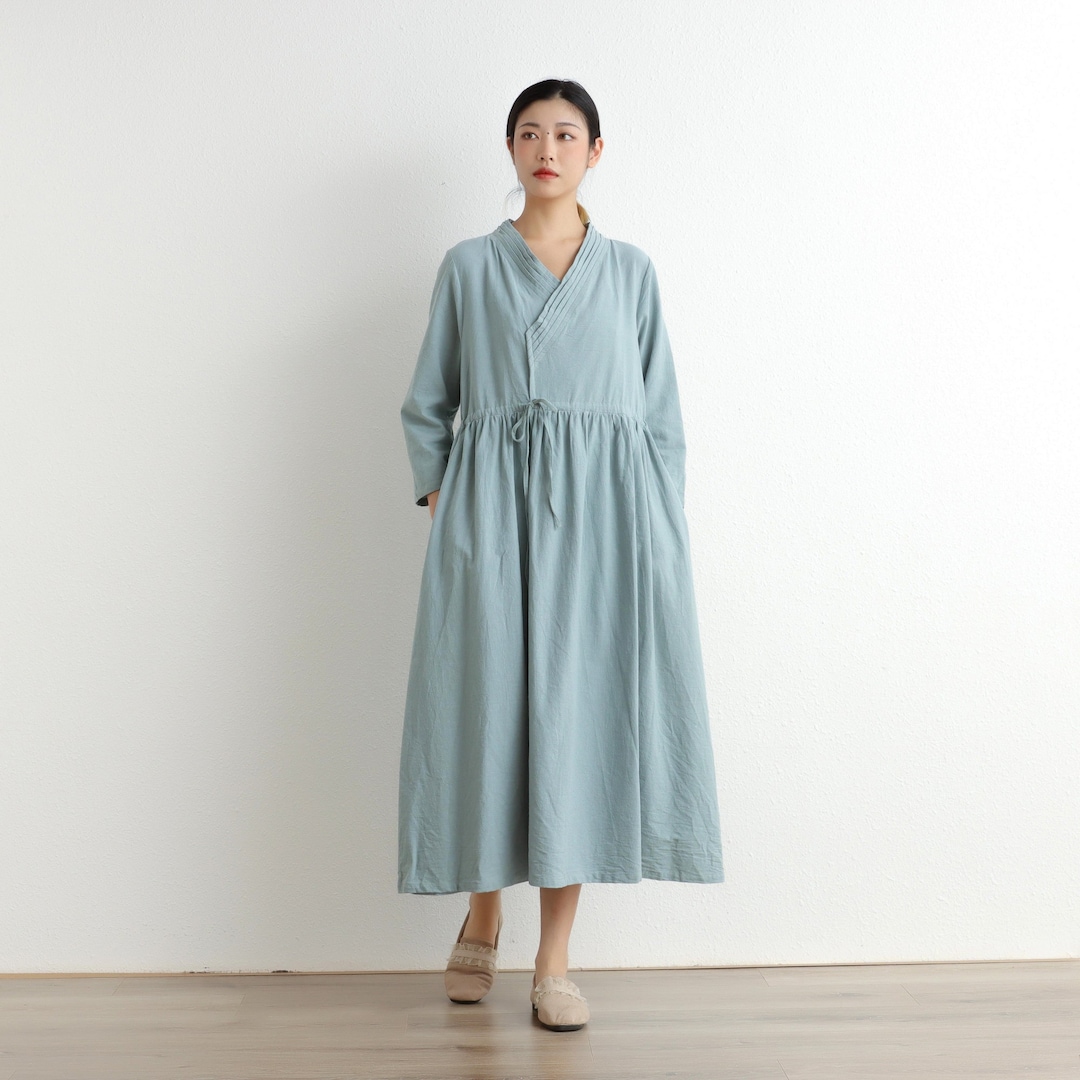 Women Cotton Dress Shirt Casual Loose Robes 3/4 Sleeves Shift Dress ...