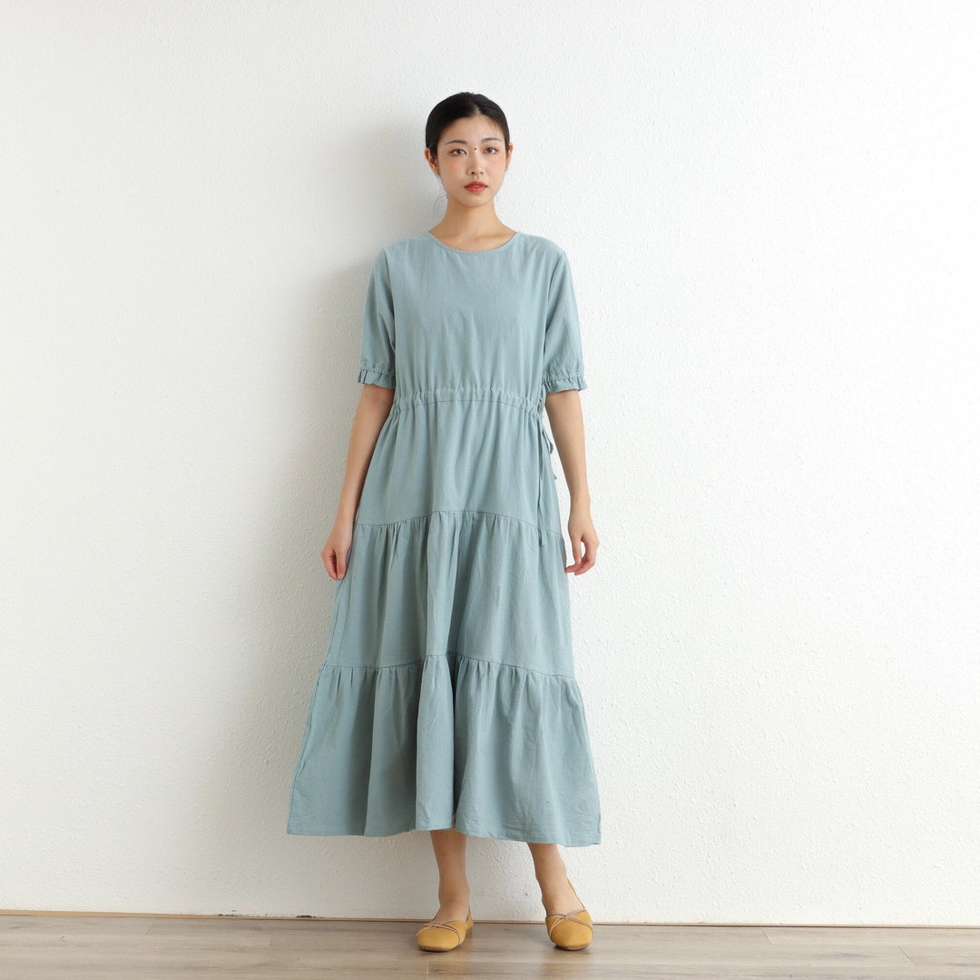 Women Cotton Dress Soft Casual Loose Robes Short Sleeves Shift Dress ...