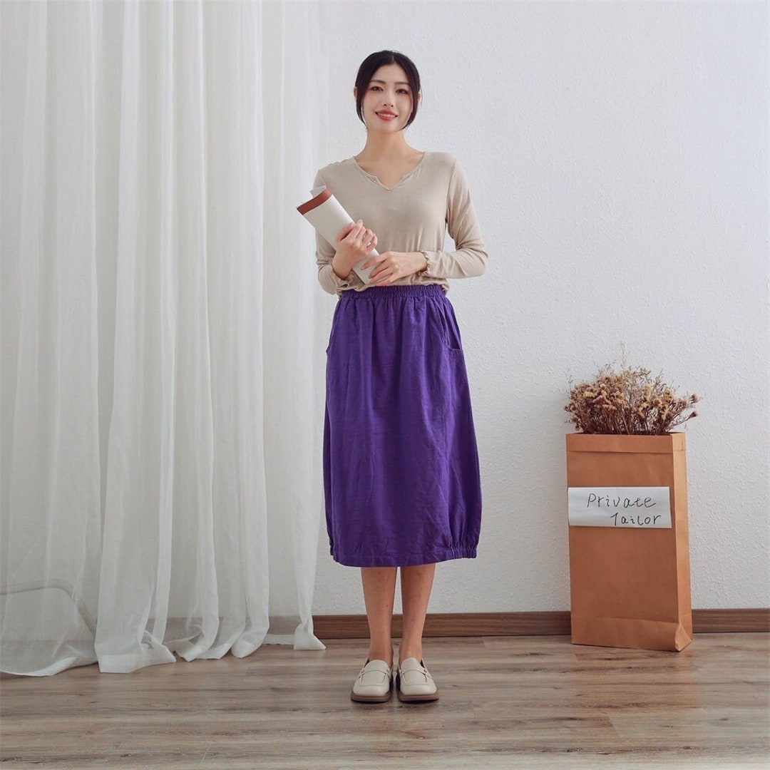 Summer Cotton Skirt Casual Loose Skirts Elastic Waist Skirt Flared Midi ...