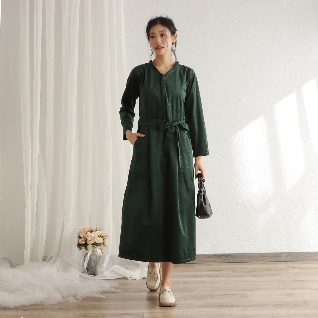 Women Soft Corduroy Dress Shirt Velvet Dress Long Sleeve Robe Party ...