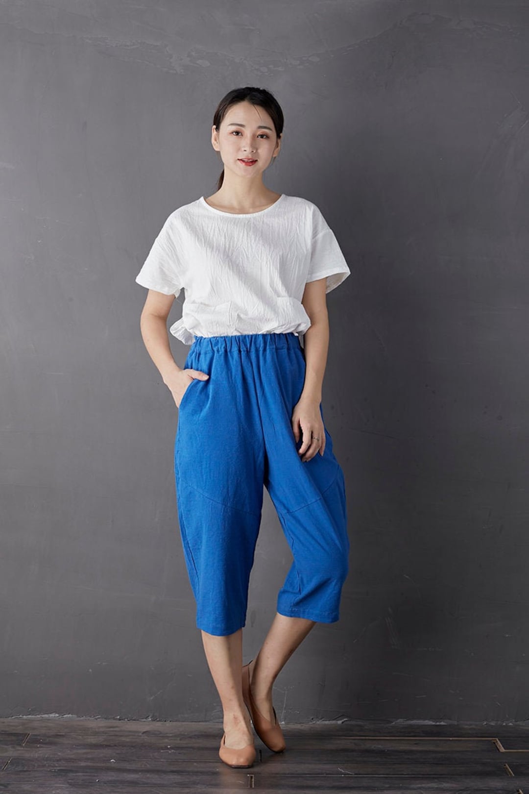 Summer Elastic Waist Cotton Pants Soft Casual Loose Cropped Pant Midi ...