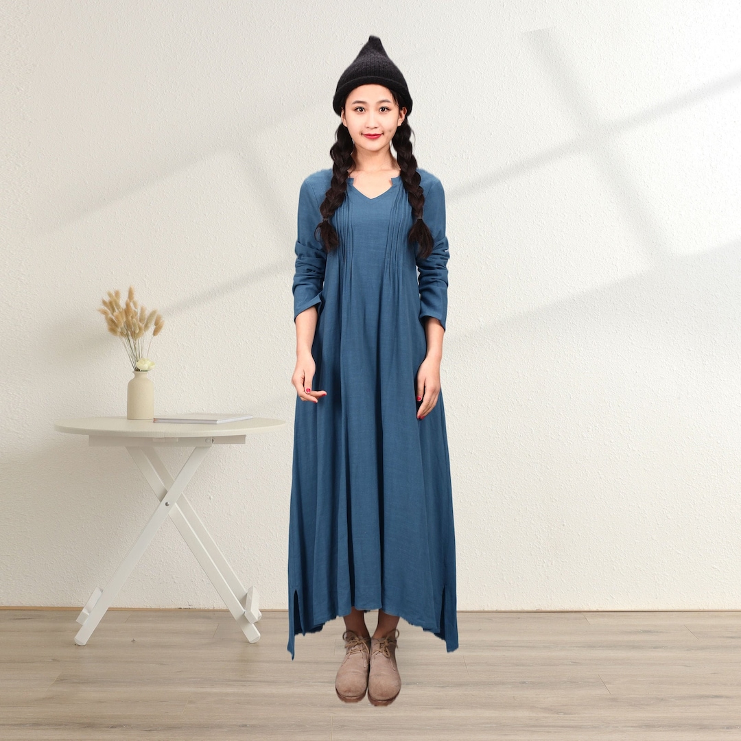 Women Cotton Dress Soft Casual Loose Robes Long Sleeves Shift Dress ...