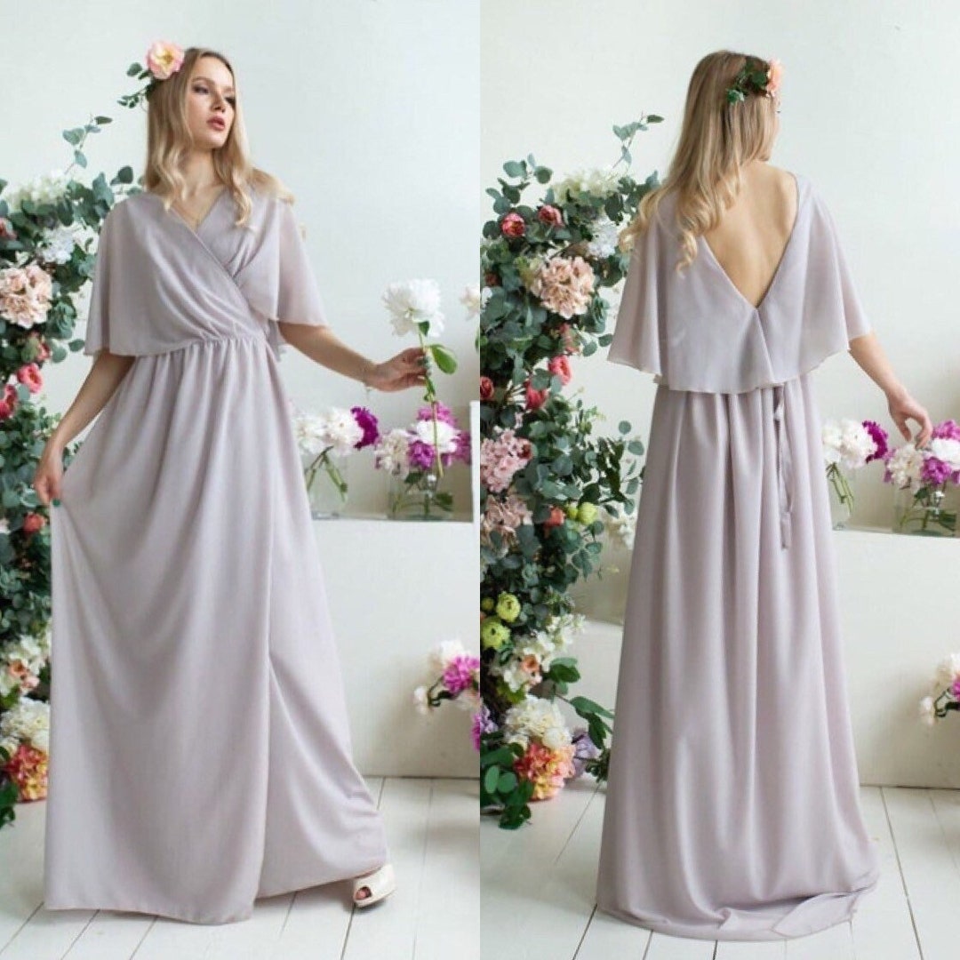 Light Gray Chiffon Draped Dress Toga Dress Long Boho Flutter Sleeve ...