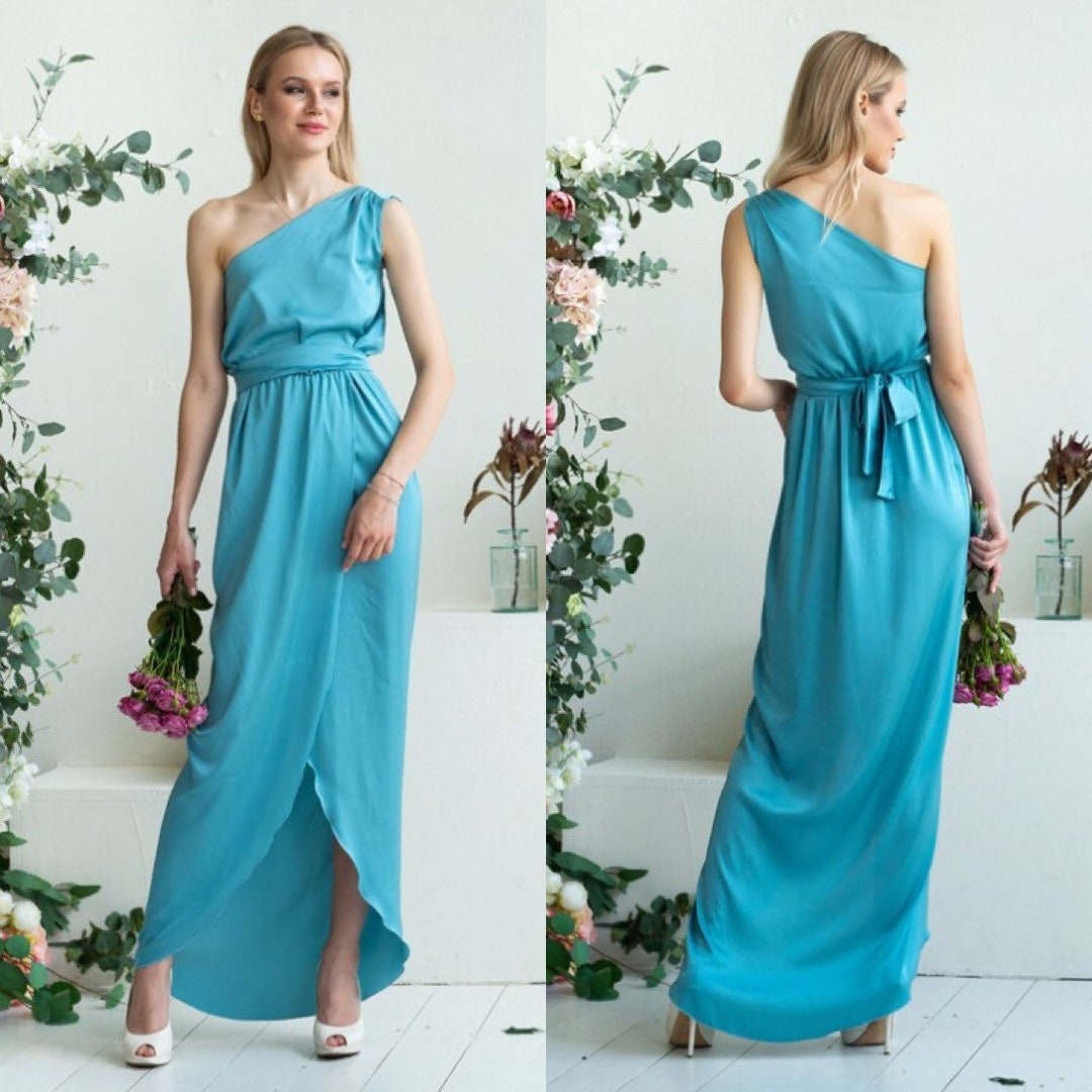 Sky Blue Long Asymmetric Sleeveless Silk Dress Long Toga Dress Belle ...