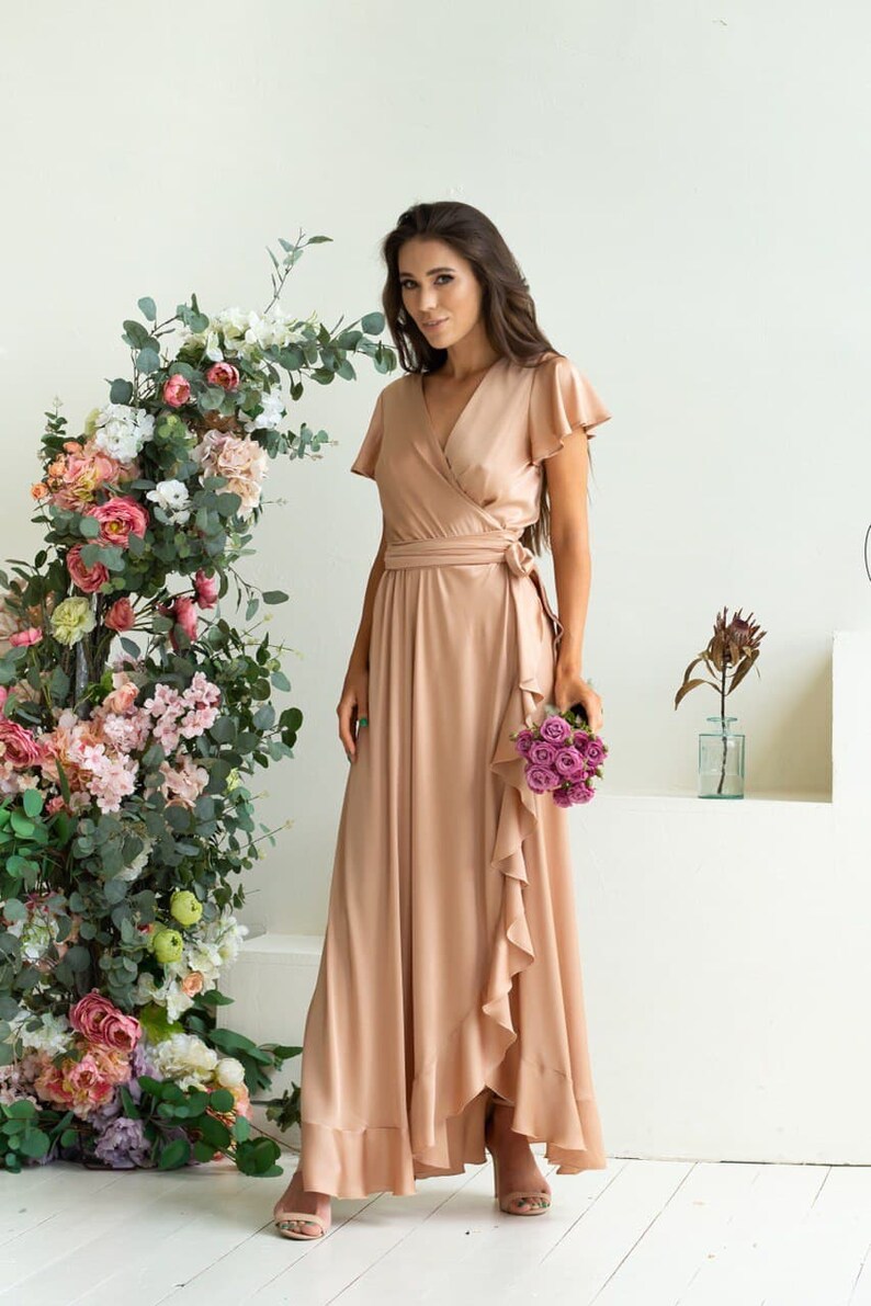 Cream Maxi Ruffle Wrap Dress Long Bridesmaid Dress Bell Sleeve | Etsy
