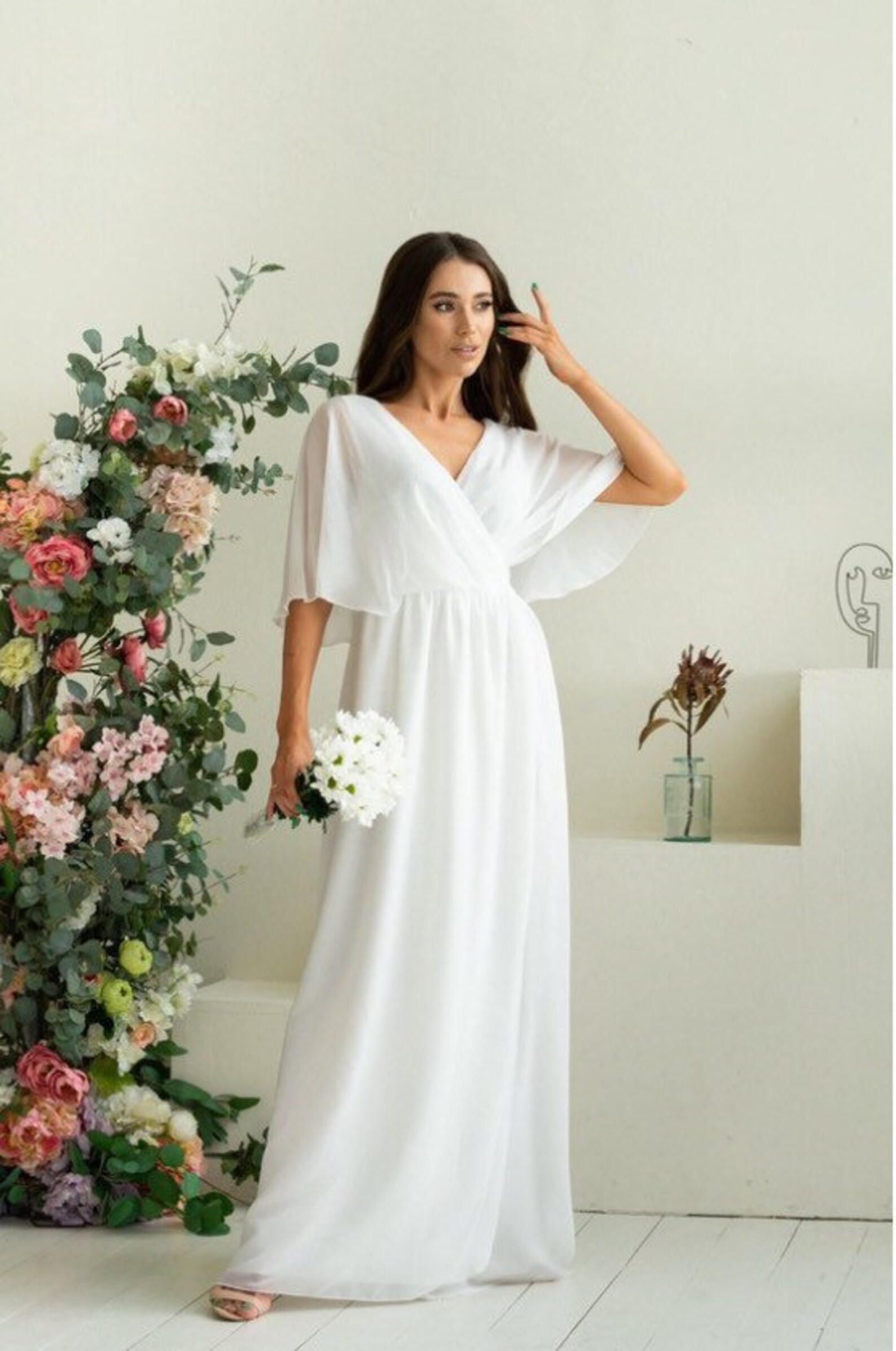 Light Gray Chiffon Draped Dress Toga Dress Long Boho Flutter - Etsy