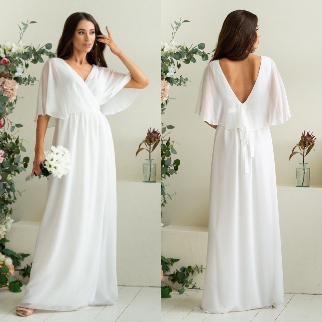 White Chiffon Beach Wedding Boho Toga Romantic Dress Long Boho Flutter ...