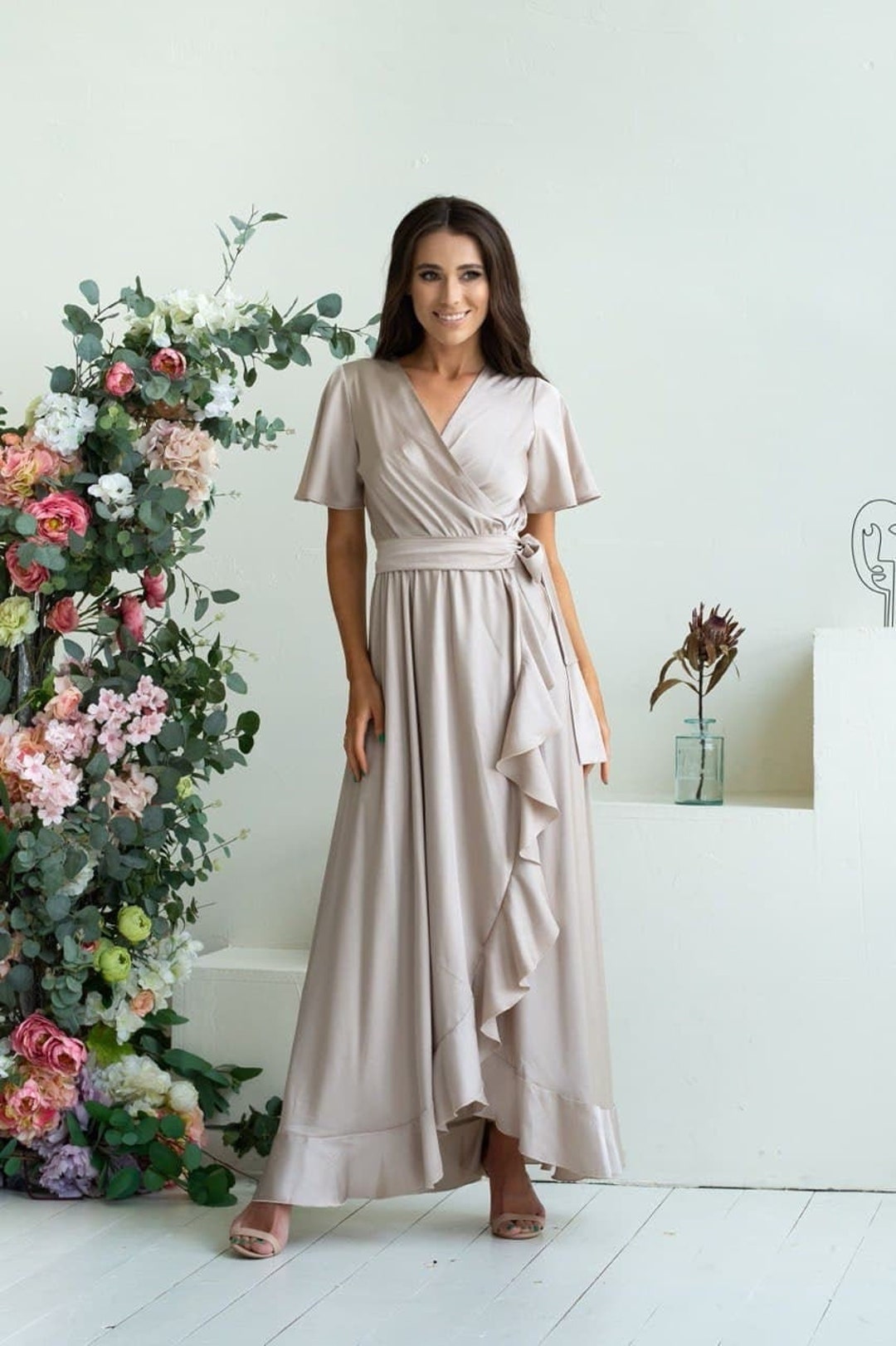 Champagne Maxi Ruffle Wrap Dress Long Bridesmaid Bell Sleeve V Neck ...