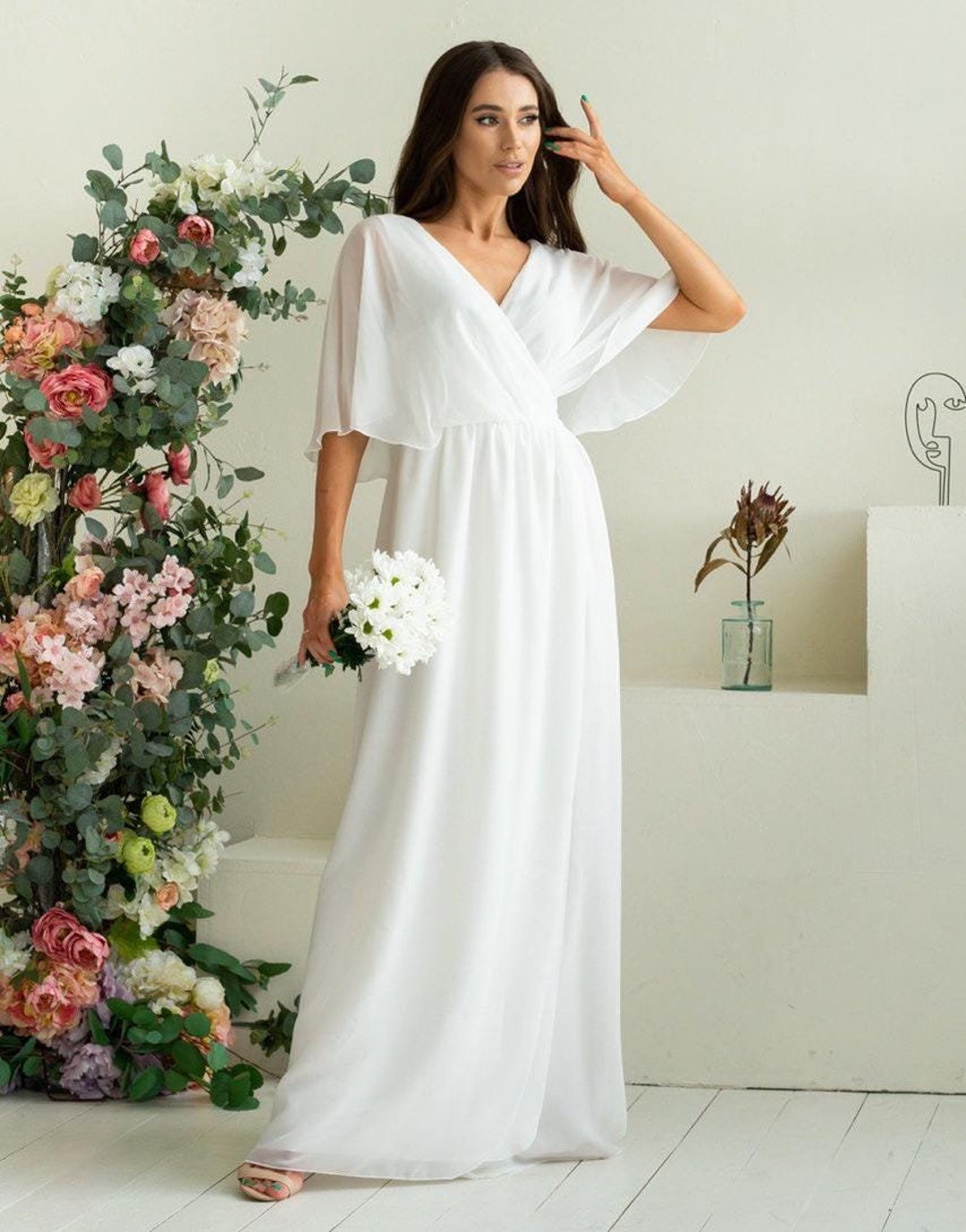 White Chiffon Beach Wedding Boho Toga Romantic Dress Long Boho Flutter ...