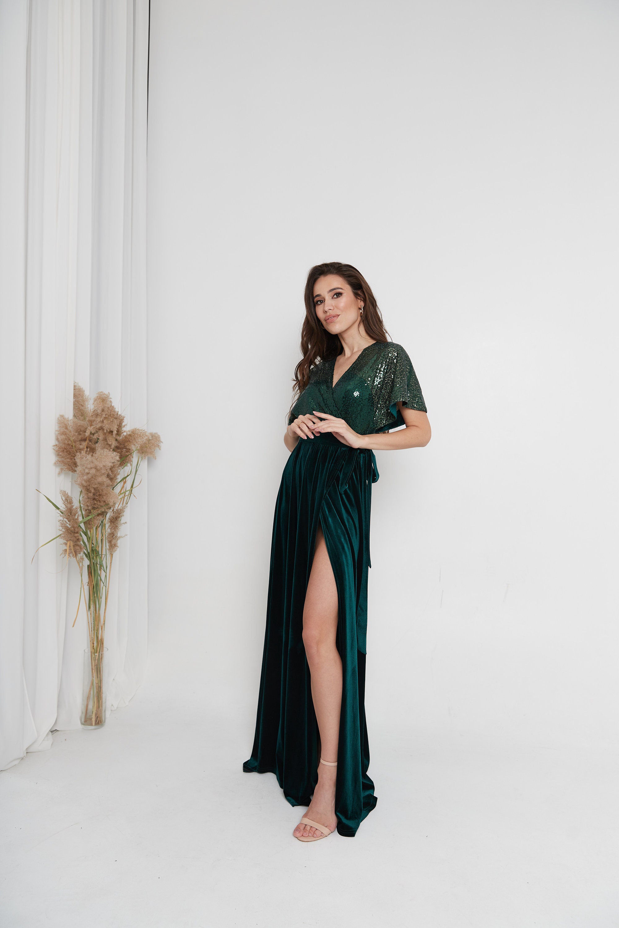 Emerald Wrap Dress High Slit Dress Boho Bridesmaid Dress Long Etsy