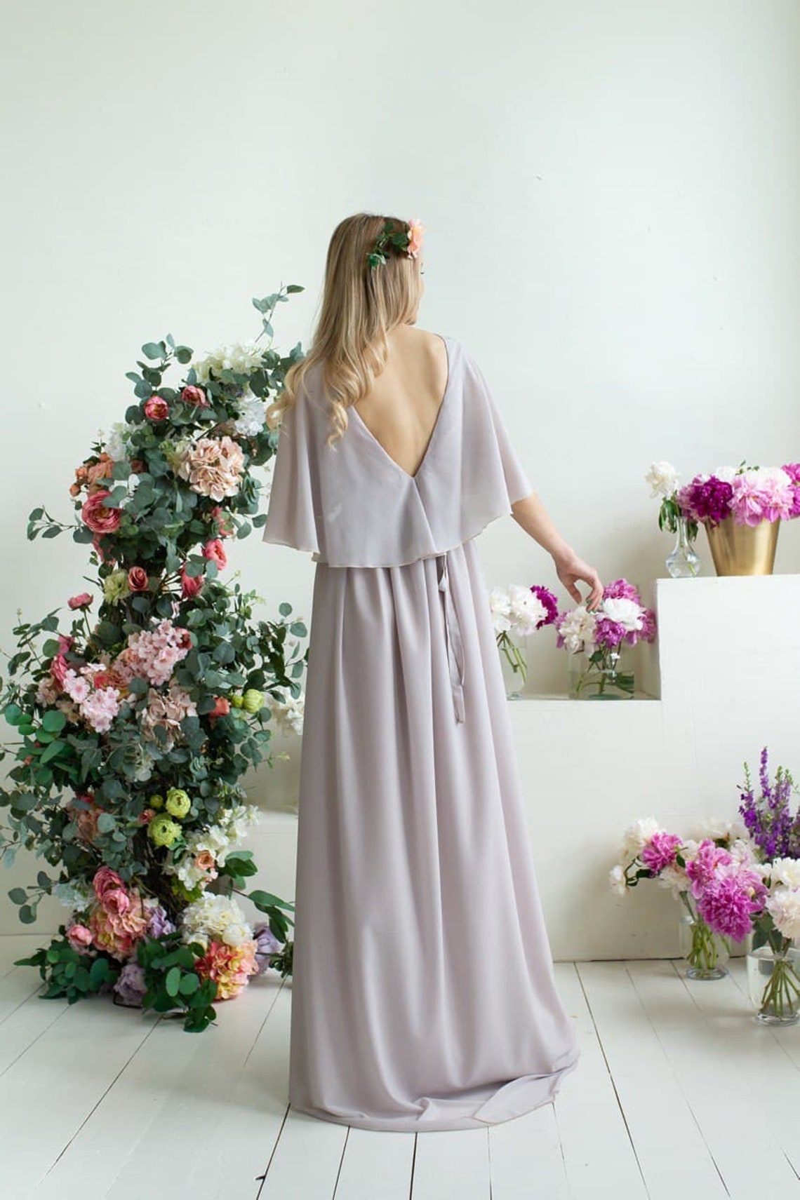 Chiffon Draped Dress Toga Dress Long Boho Flutter Sleeve Dress | Etsy