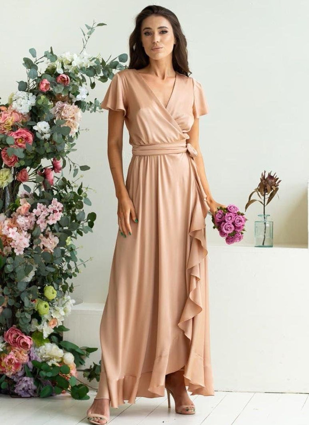 Cream Maxi Ruffle Wrap Dress Long Bridesmaid Dress Bell Sleeve V Neck ...