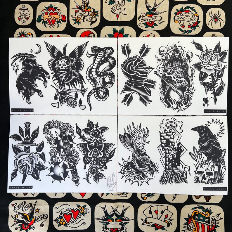 Blackwork Set 1 A4 TATTOO FLASH SHEET Set | Traditional Flash | Tattoo ...