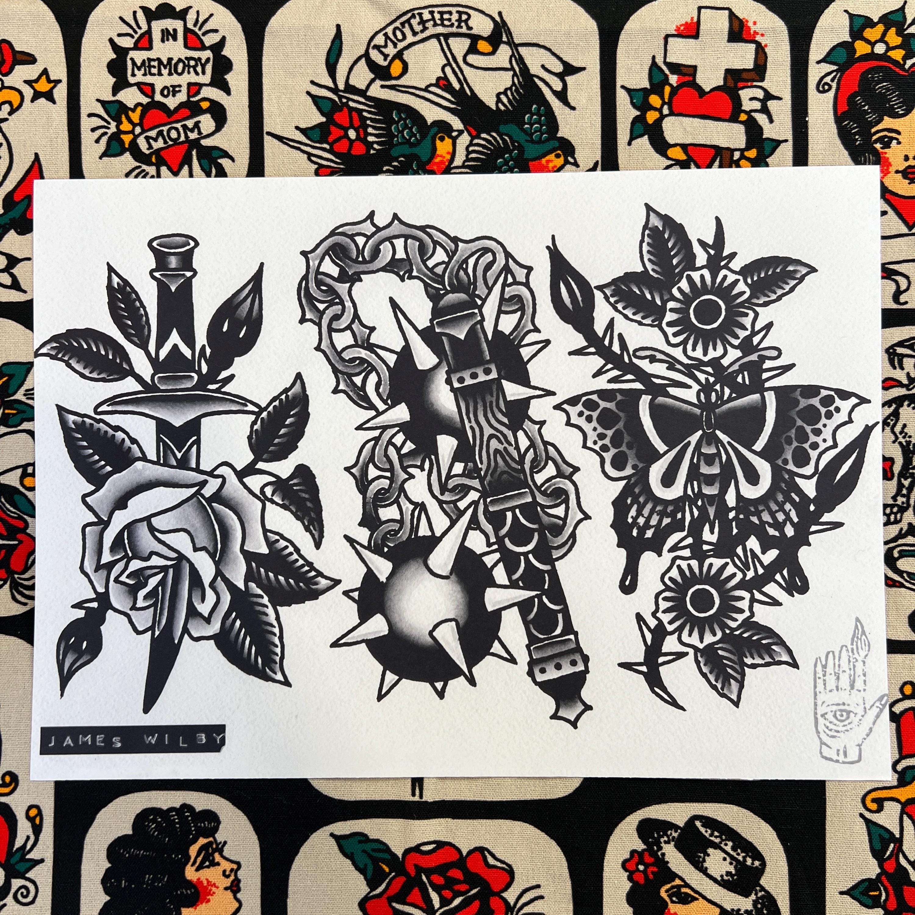 Blackwork Set 1 A4 TATTOO FLASH SHEET Set | Traditional Flash | Tattoo ...