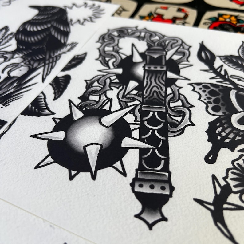 Blackwork Set 1 A4 TATTOO FLASH SHEET Set | Traditional Flash | Tattoo ...