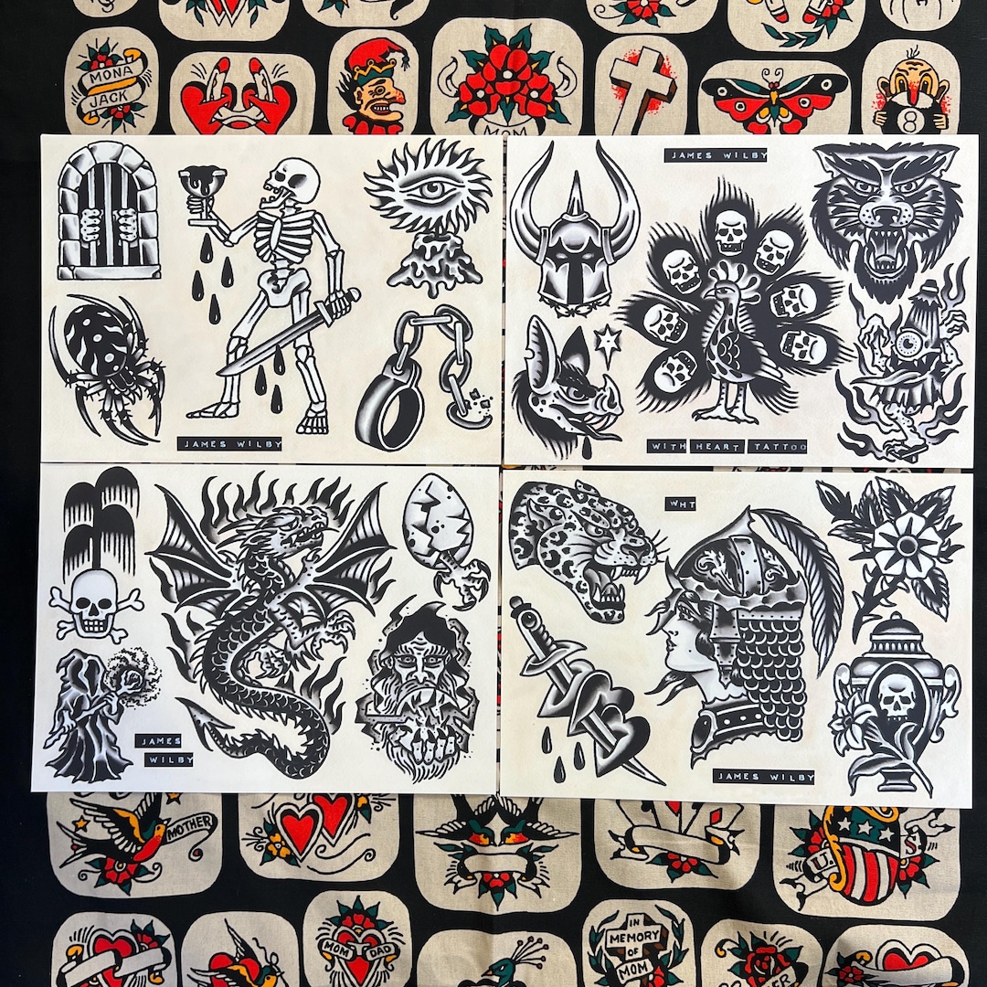 Blackwork A4 TATTOO FLASH SHEET Set | Traditional Flash | Tattoo Flash ...